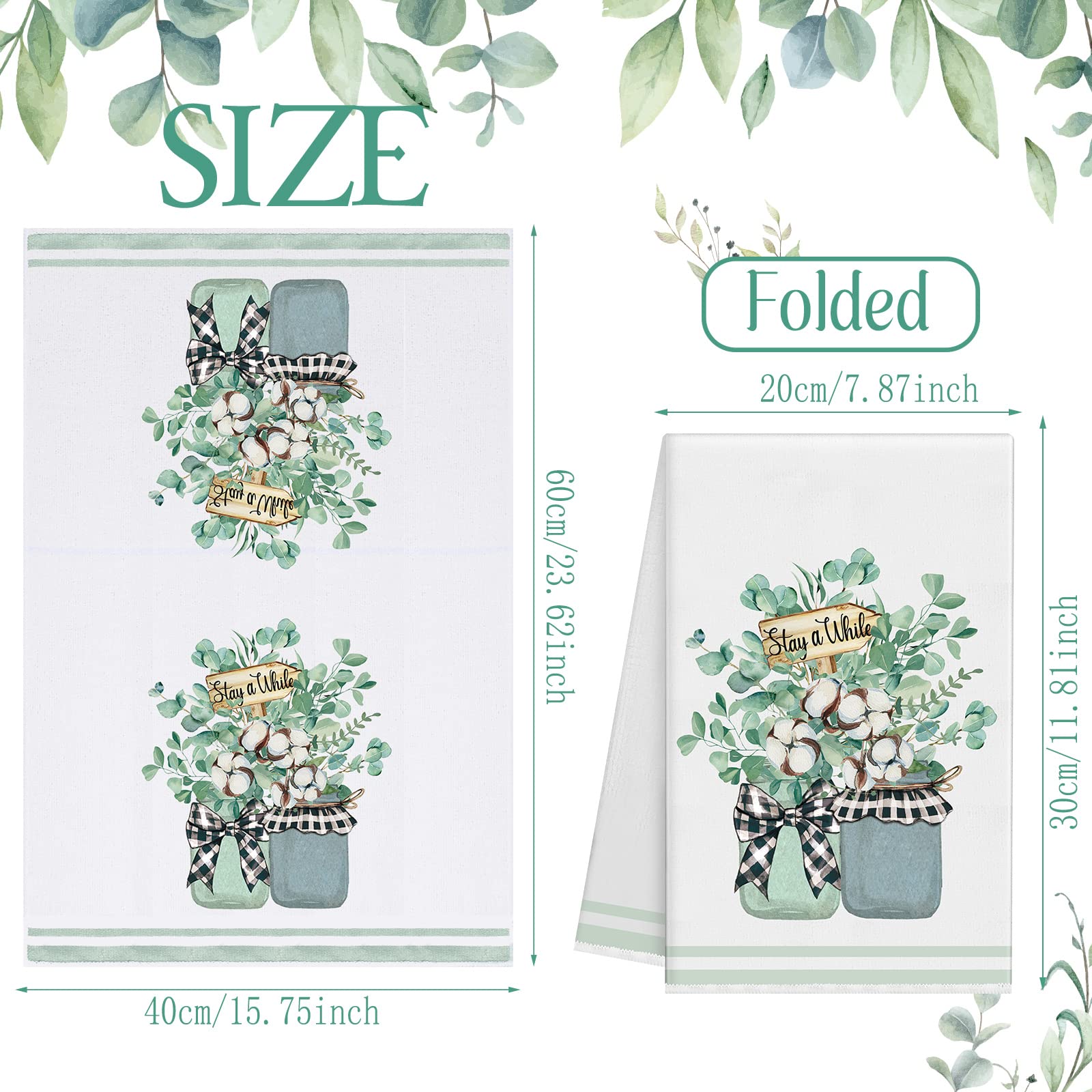 Kajaia 6 Pcs Spring Kitchen Towels Eucalyptus Leaves Hand Towels 15.7 x 23.6 Inch Summer Green Dish Towel Farmhouse Absorbent Decorative Tea Towels Dishcloths for Home Bathroom Decor Housewarming Gift