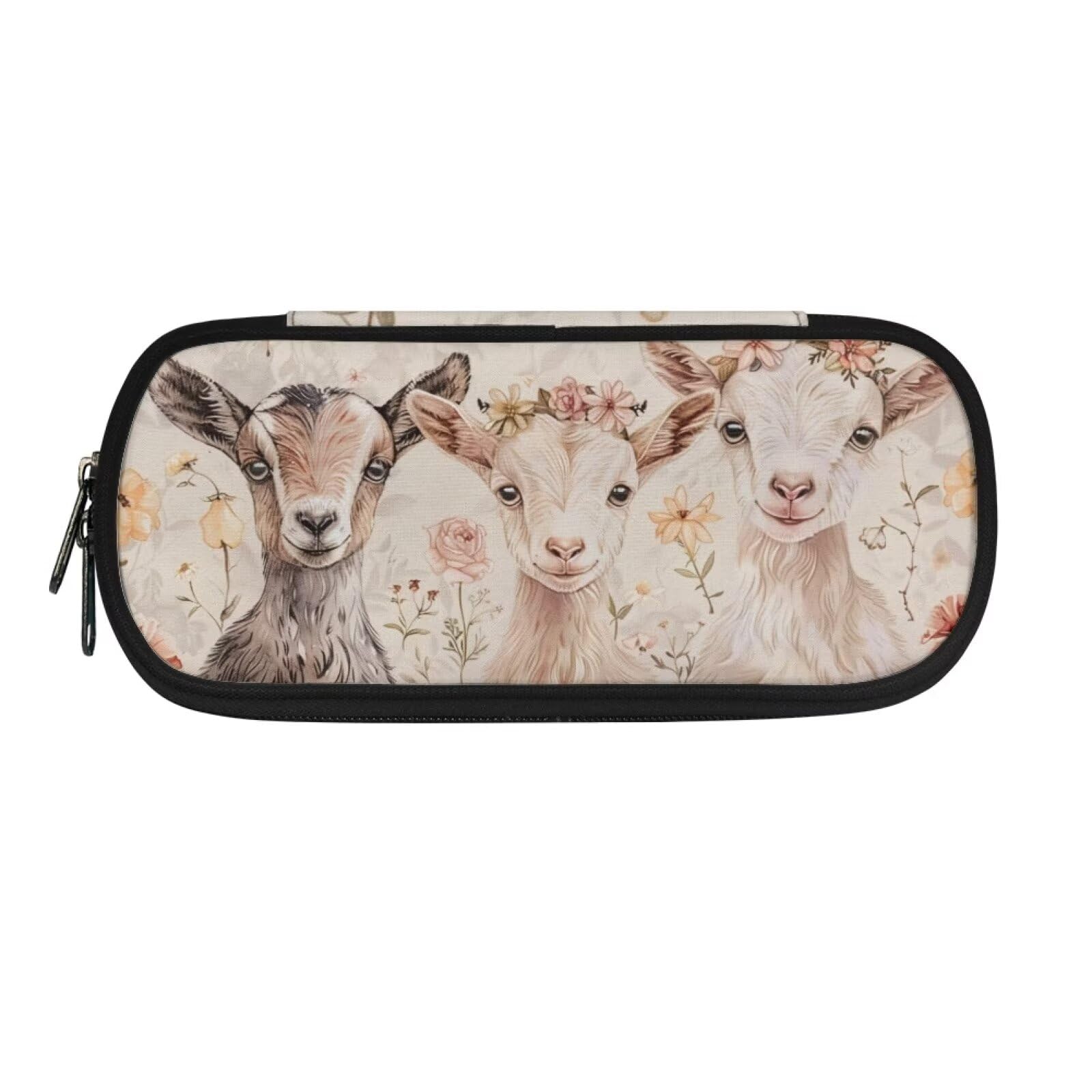 STUOARTE Goat Flower Printed Large Pencil Case, Aesthetic Pencil Pouch with Zipper for Kids School, Stationery Pouch Pen Case School Supplies for College Students Girls Boys Adults