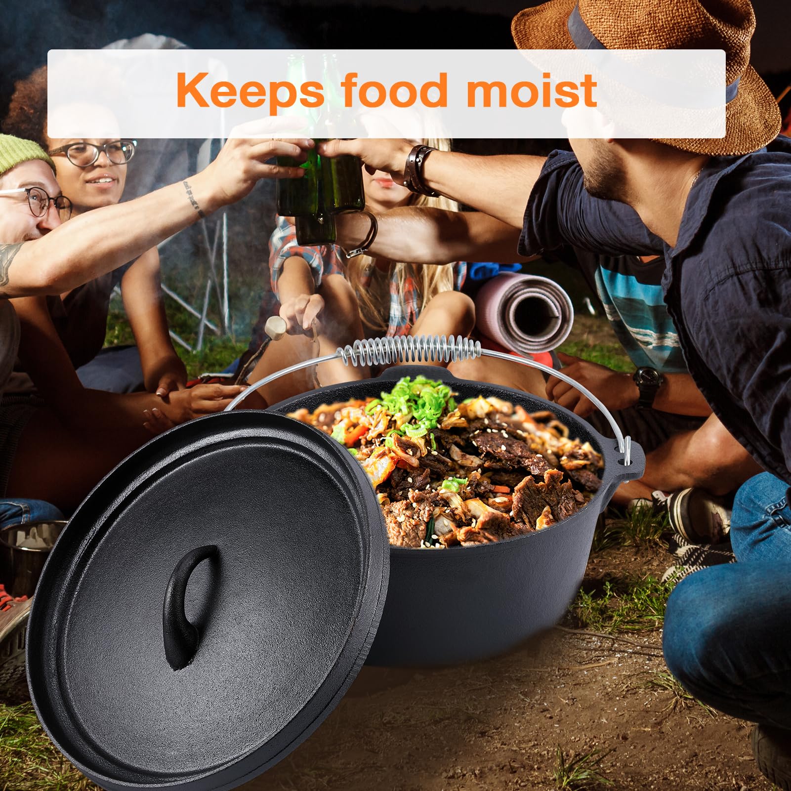 MEIGUI 5QT Cast Iron Dutch Oven, Pre-seasoned Non-Stick Dutch Oven with Lid & Lifter Handle, Round Large Dutch Oven Liners Camp Cookware Pot for Camping Cooking, BBQ, Basting, Baking, Black
