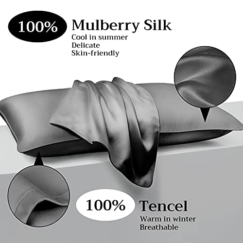Silk Pillowcase for Hair and Skin, Lacette 22 Momme 6A Soft Mulberry Silk Pillowcase with Hidden Zipper, 600 Thread Count, Dual Side Silk/Wood Pulp Fiber, Gift Box(Grey, Standard 20"x26", 1 Pack)