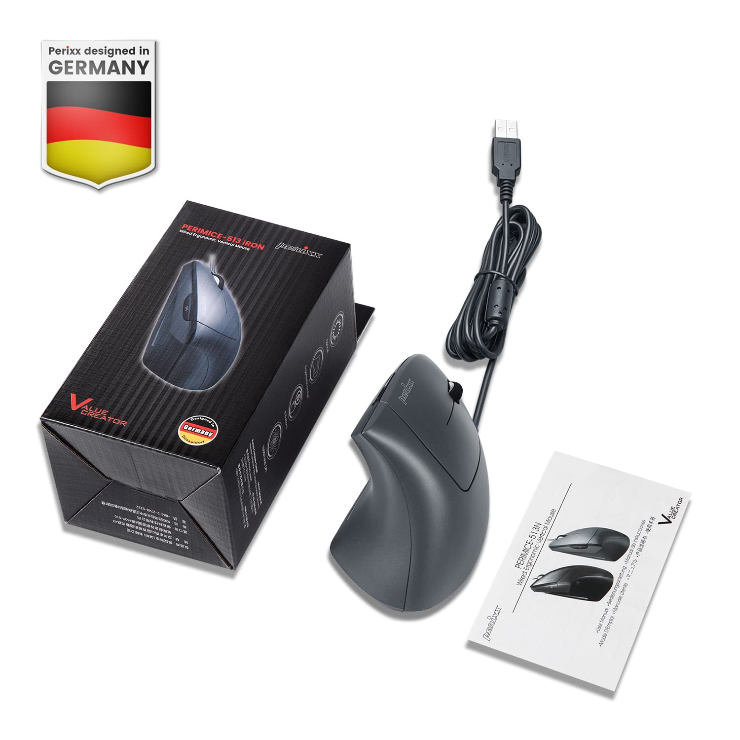 Perixx PERIMICE-513I Wired Vertical USB Mouse - 6 Buttons with 1000/1600 DPI - Right-Handed Design - Graphite