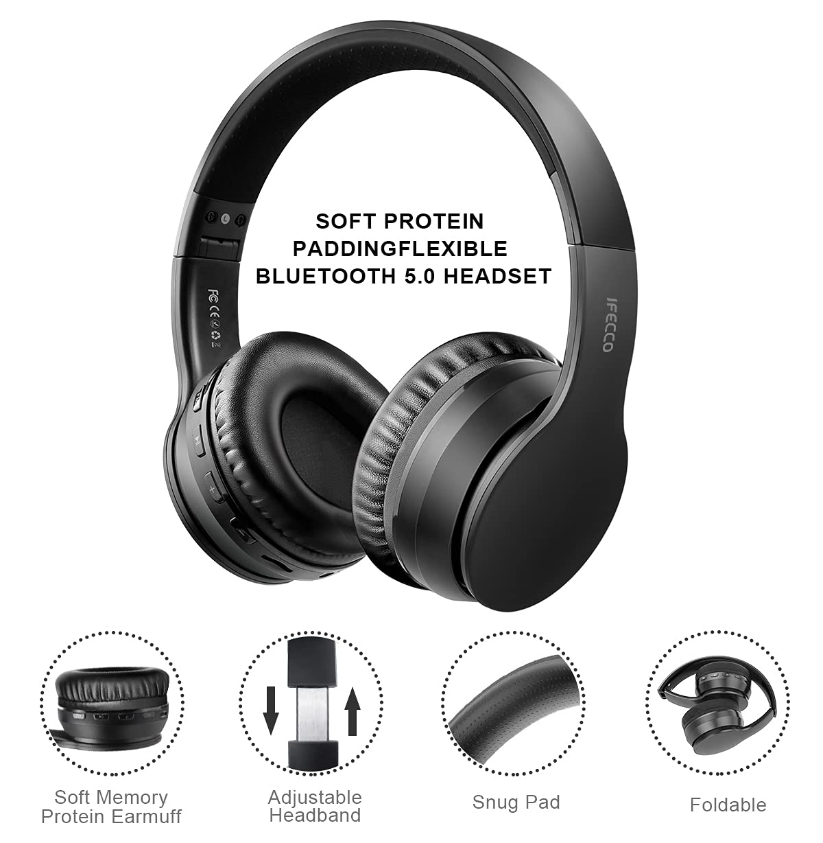 I love e iFecco Wireless Bluetooth Headphones Over-Ear, Foldable HiFi Stereo Headset with Built-in Microphone and Soft Protein Earpads for Travel, Home, Office