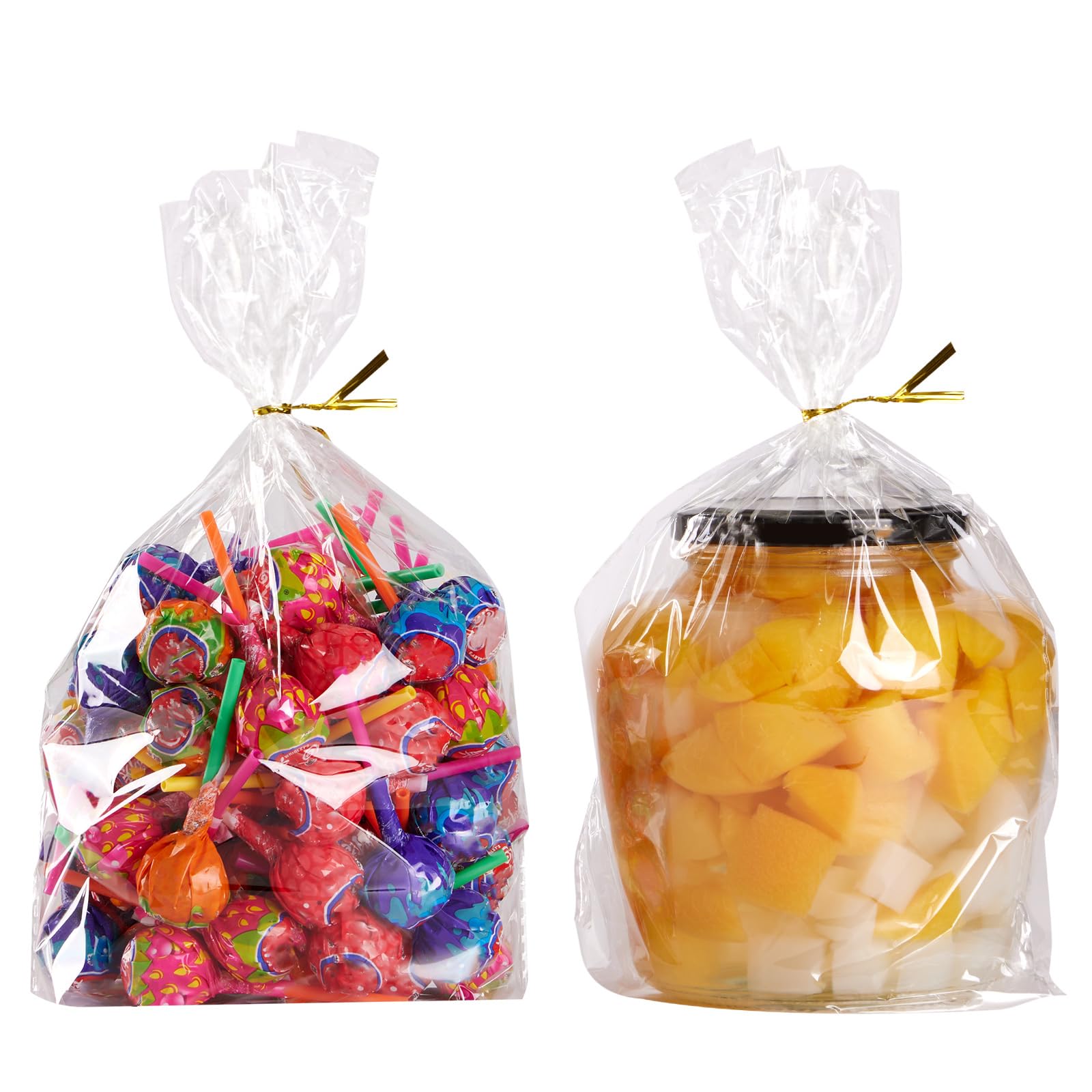 PVWSG GAULUPUE 100Pcs 8"x 11" Bottom Gusset Bags, Clear Cello Cellophane Plastic Treat Goodie Bags with Twist Ties for Gift Wrapping, Decorations, and Food Storage
