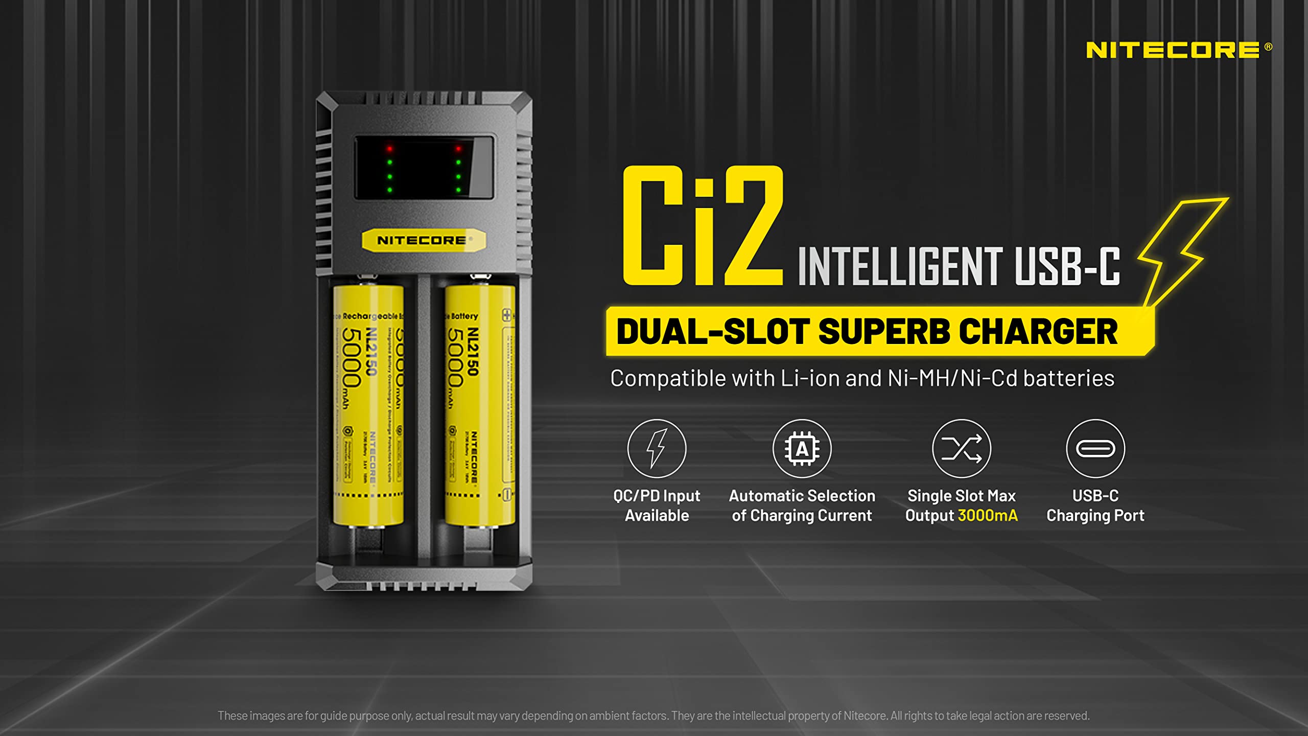 Nitecore Ci2 2 Bay Universal Battery Charger Support 16340 14500 18650 21700 Lithium Ion AA AAA Ni-MH Ni-CD, USB-C QC PD with Lumentac Battery Organizer