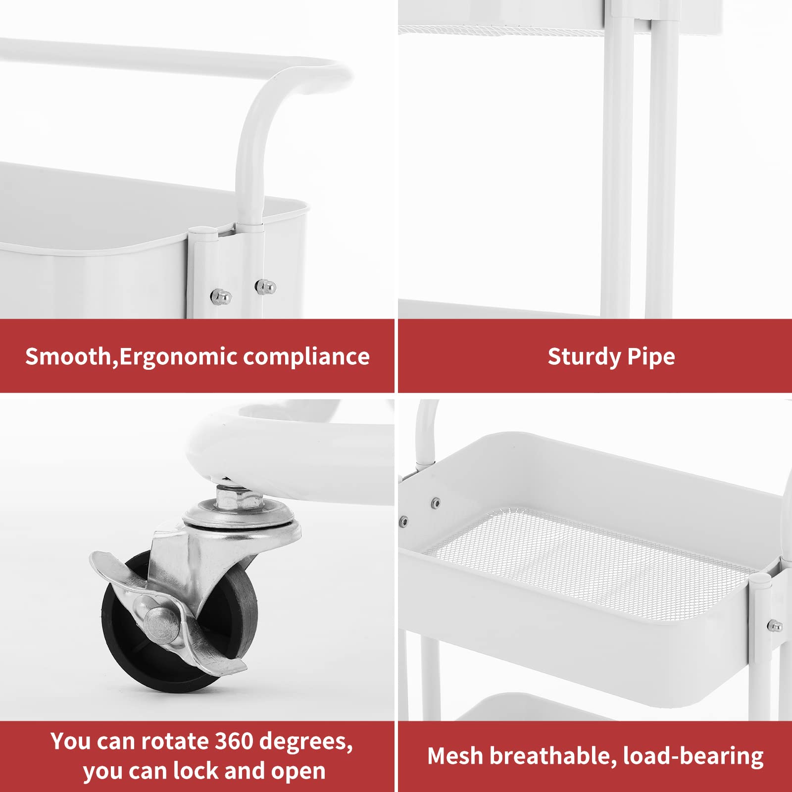 KVLUAY 3 Tier Utility Rolling Cart with Handle,Metal Rolling Organization Cart,Multifunctional Storage Cart with Lockable Wheels,Suitable for Office Living Room Bathroom Kitchen (White)