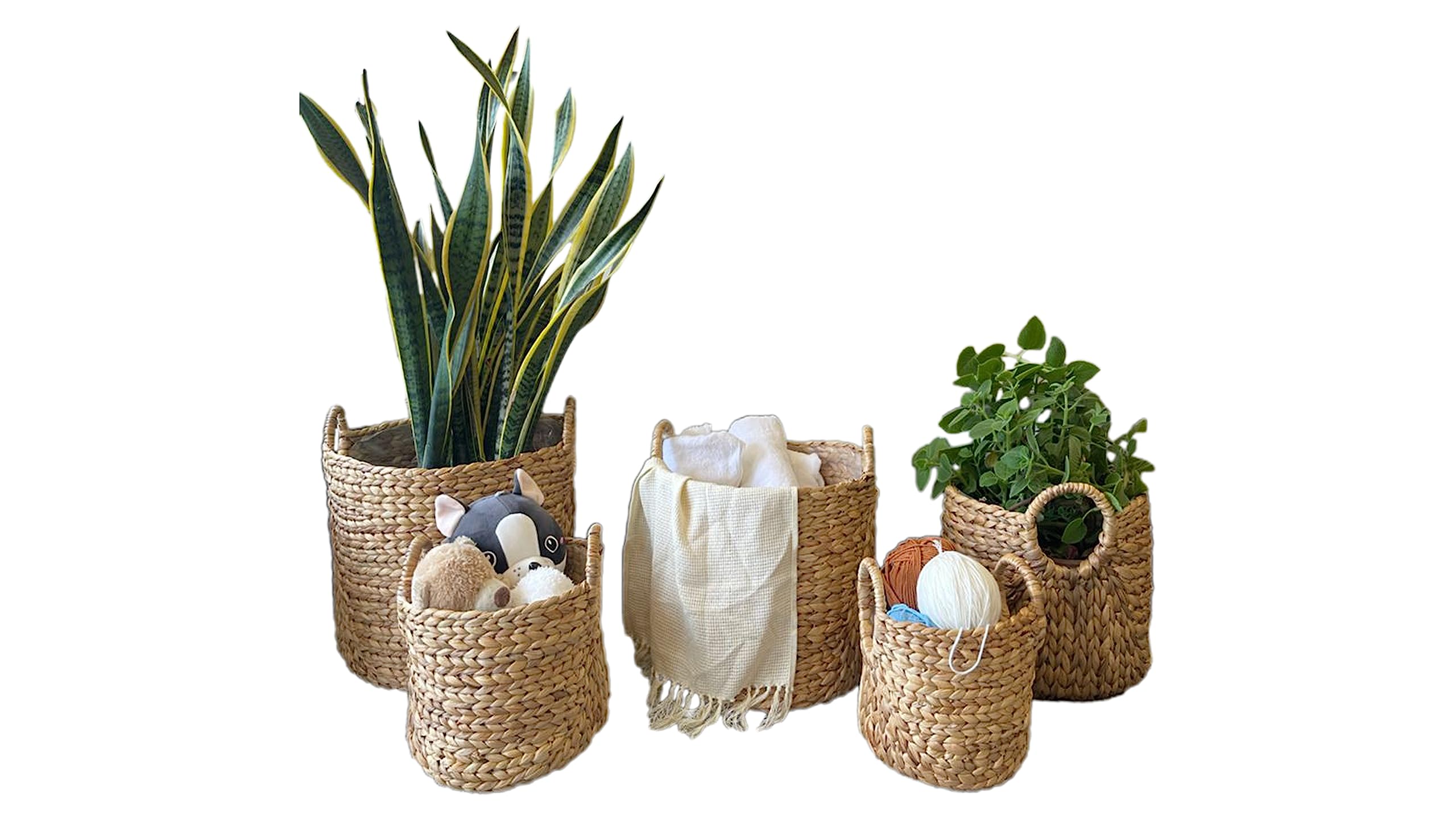 LilaCraft Wicker Baskets for Storage with Liners, Water Hyacinth Storage Baskets for Planting, Handwoven Wicker Storage Cubes, 5 Pack, Brown