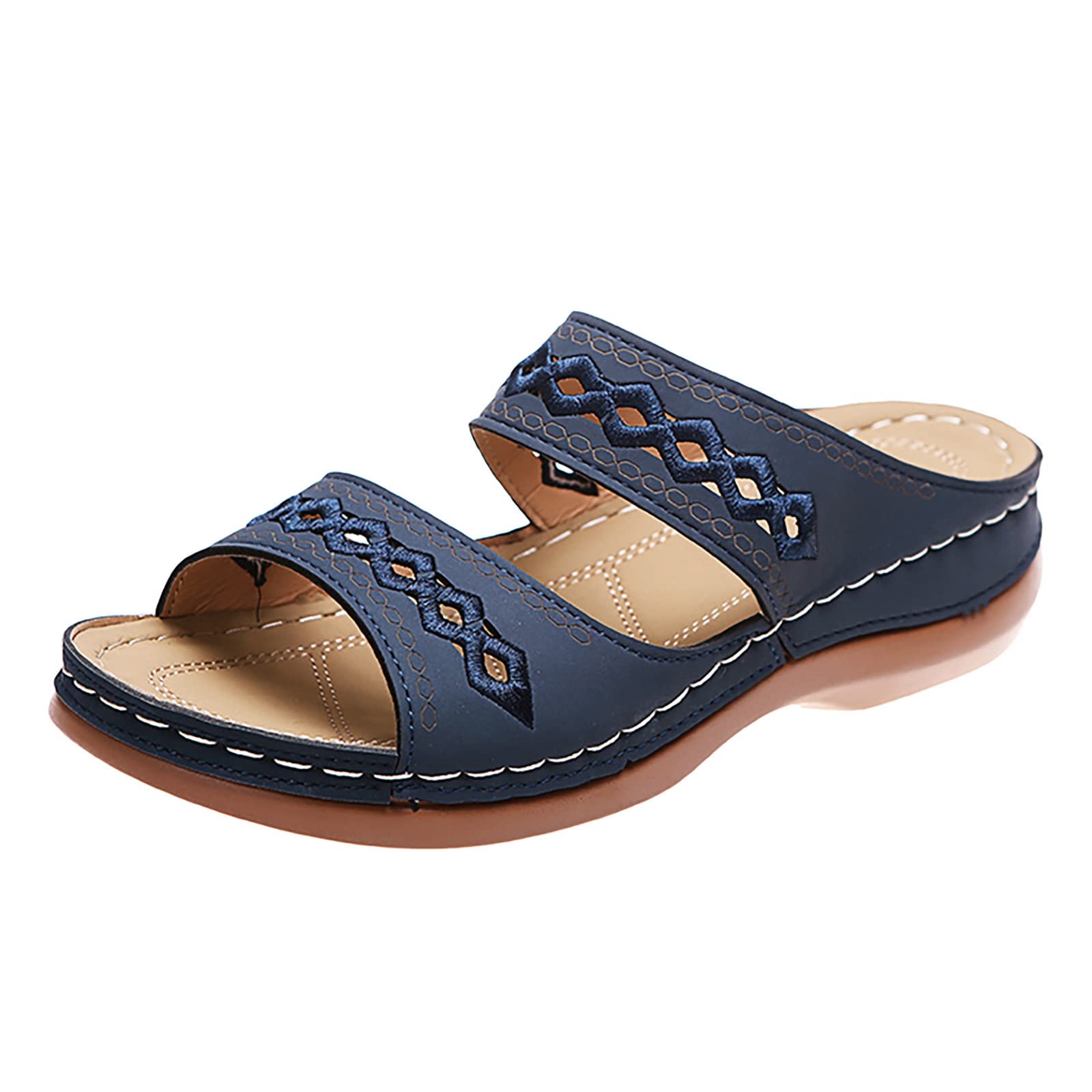 JWSVBF Arch Support Sandals Women's Plantar Fasciitis Womens Orthopaedic Slides 2-Straps Embroidery Cutout Hiking Sandals Outdoor Athletic Comfortable Walking Platform Slip On Beach Poolside Shoes
