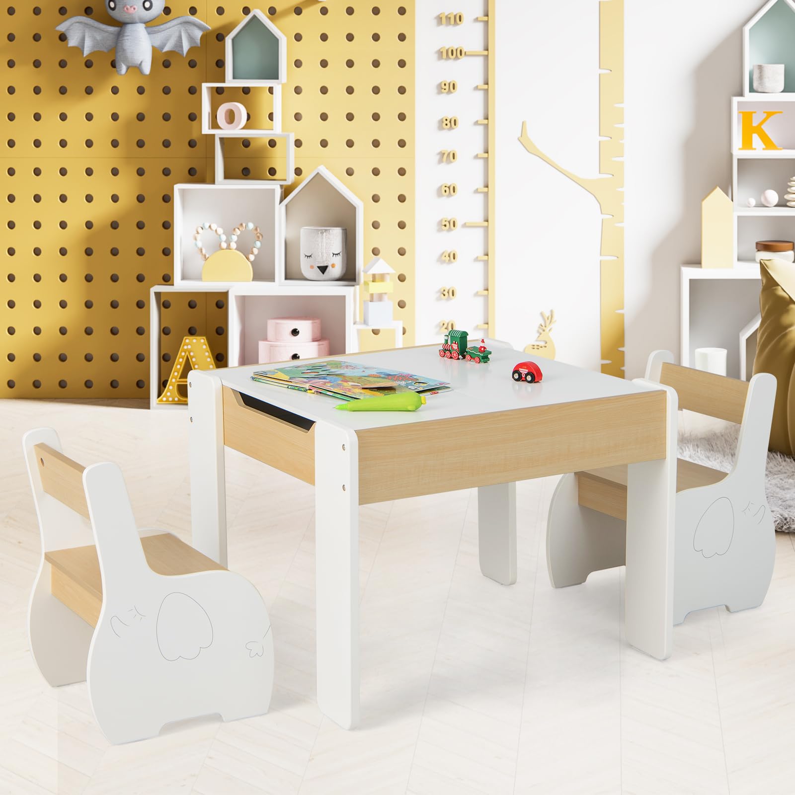 INFANS 3 in 1 Kids Table and Chair Set, Wood Multi Activity Table with Removable Tabletop Storage, Detachable Blackboard for Toddler Playing Drawing Arts Crafts,3 PCS Children Furniture