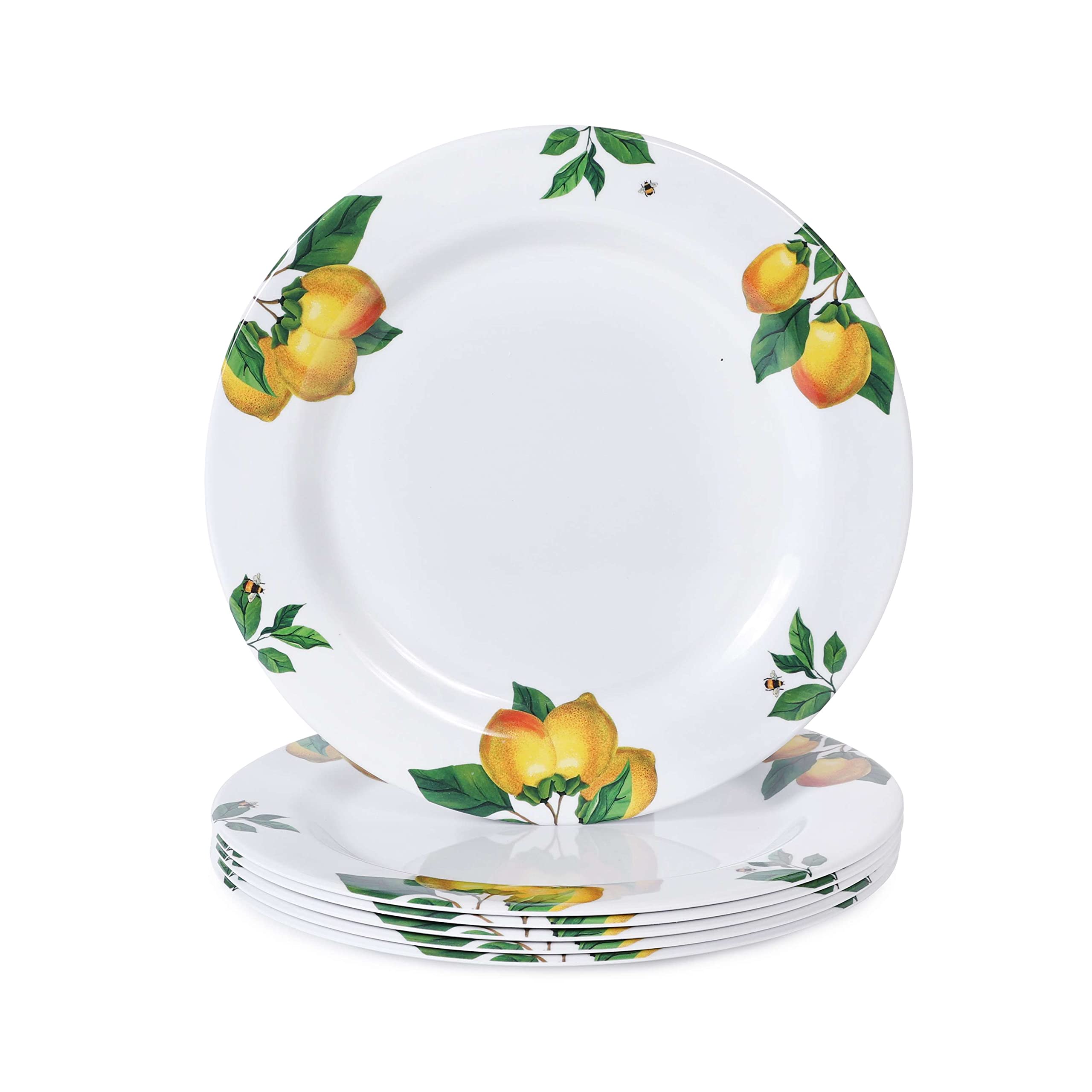 Lemon Dinner Plates, 6pcs Melamine Dishes Set, Indoor and Outdoor use, 10inch, White