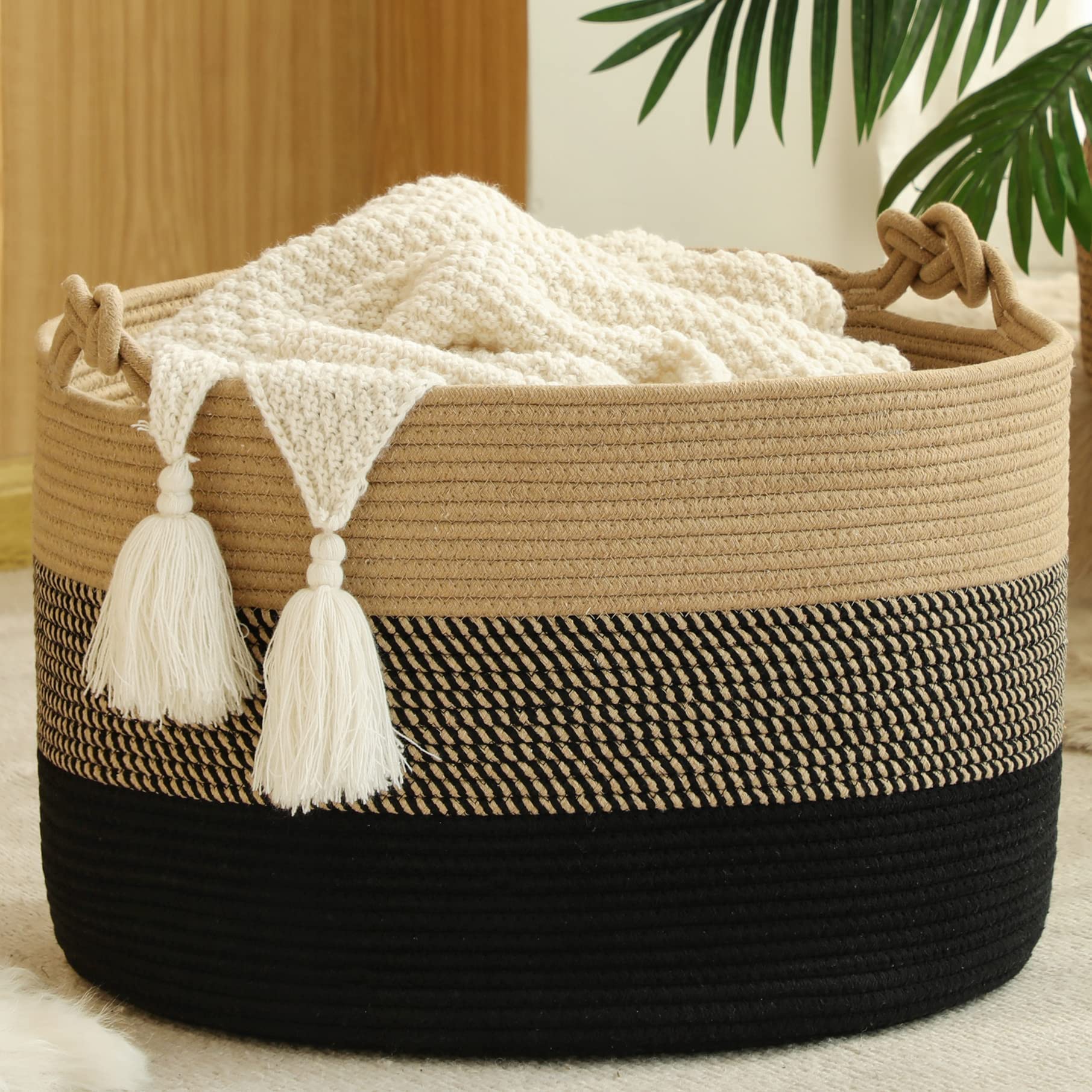 KAKAMAY Large Cotton Rope Blanket Basket (20"x13"),Woven Baby Laundry Hamper,Blanket Basket for Nursery, Laundry, Living Room, Pillows, Toys Dotted Pattern(White)