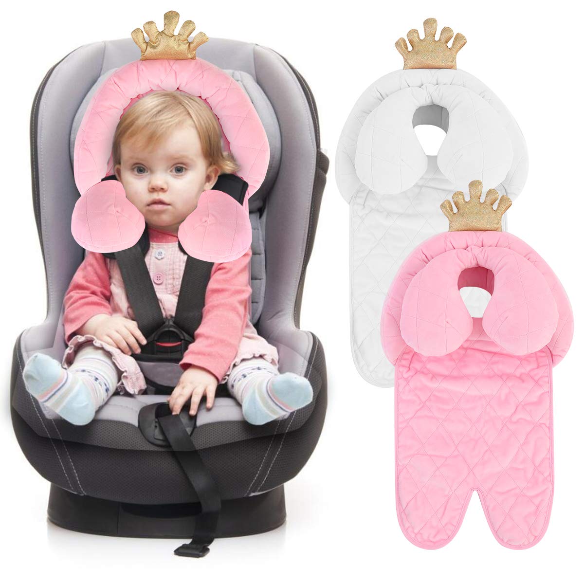 Infant Baby Head Support Pillow, Pink White Royal Princess, Toddler Breathable Head Neck and Body Support for Car Seats and Strollers