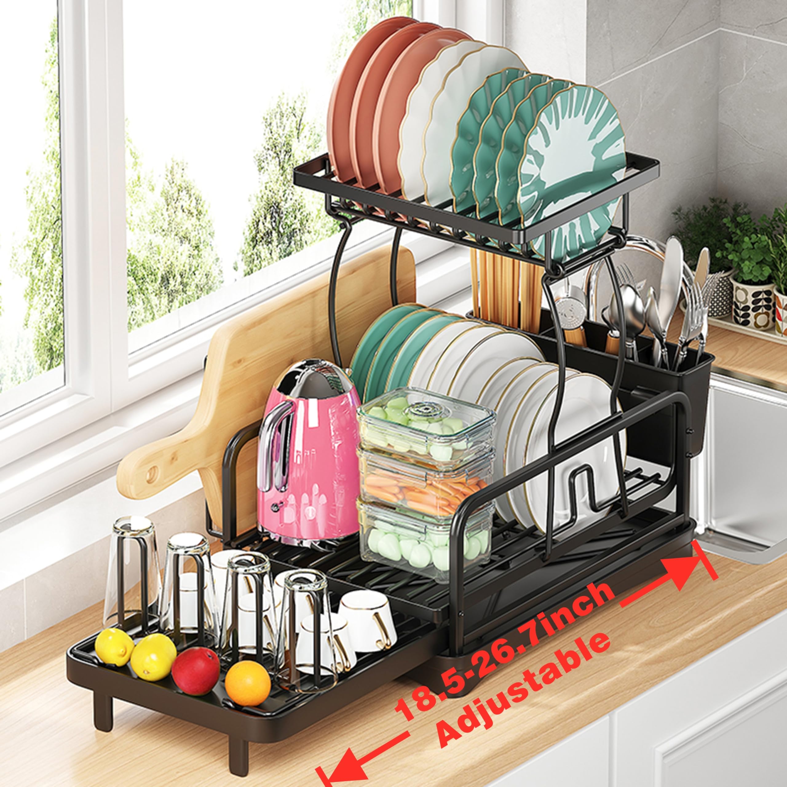 PEXOMEDO Large Expandable Dish Drying Rack,2 Tier Dish Racks for Kitchen Counter, Rack with Drainboard & Utensil Holders, Dish Drainer with Knife, Fork & Cup Rack,Kitchen Organization