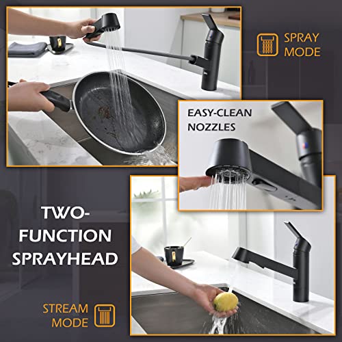 Matte Black Kitchen Faucet with Pull-Out Sprayer for RV, DAYONE Modern Single Hole Bar Kitchen Faucets, with Deck Plate for 1/3 Holes Installation, DAY-248MB