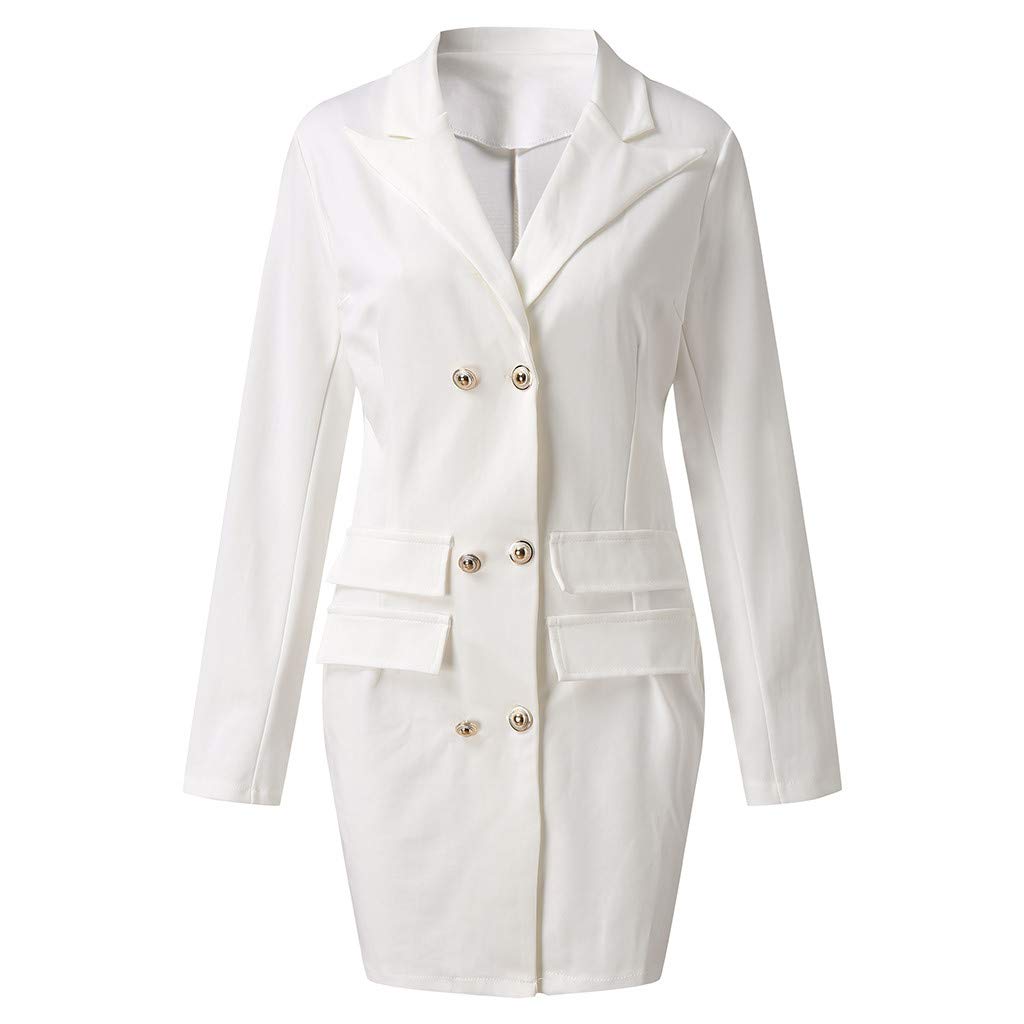 Keepfit Suit Dress for Business Women, Solid Stand Collar Long Sleeve Dress Double Breasted Slim Fit Dress for Work White