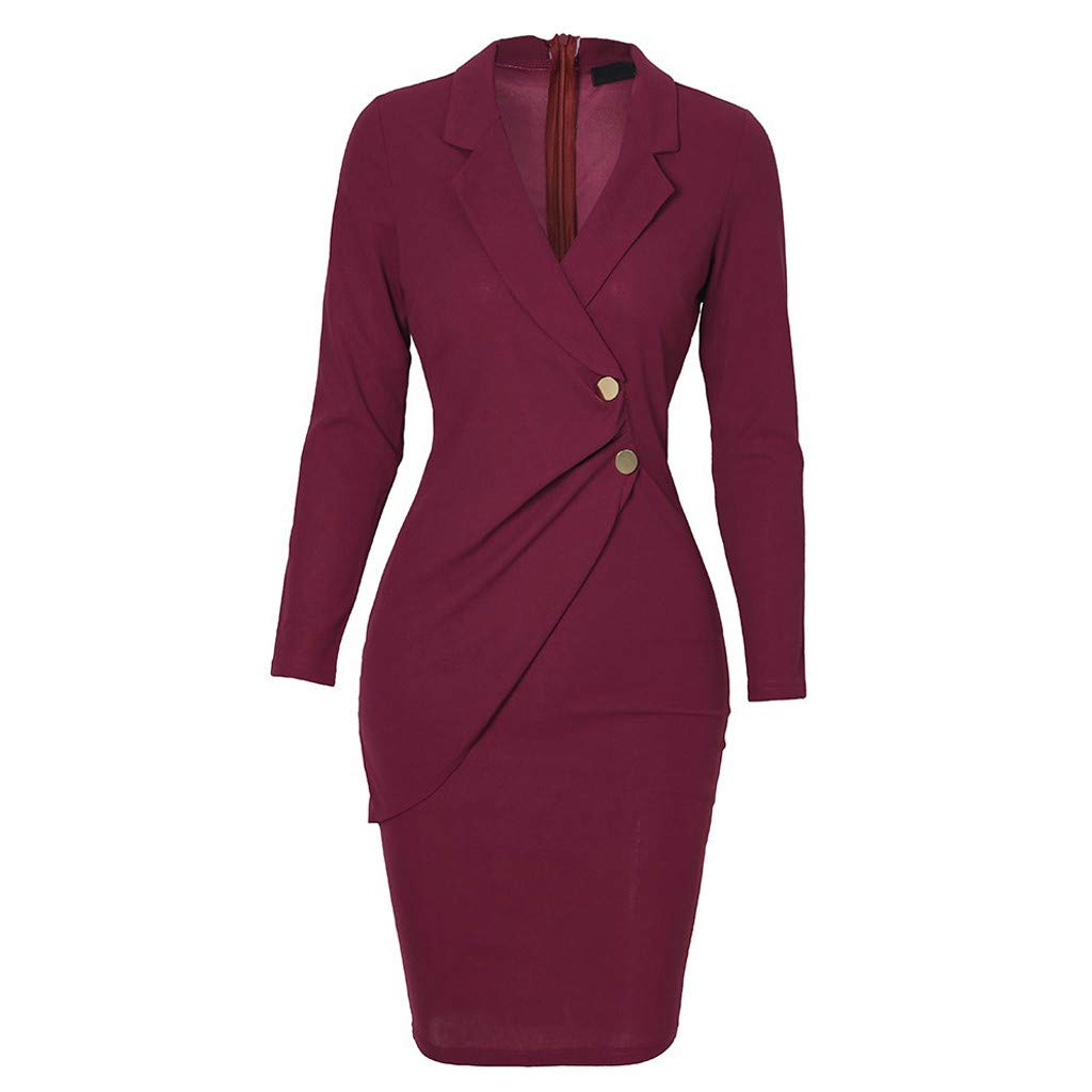 Keepfit Business Dress for Women Turn Down Neck Long Sleeve Ruched Bottons 2 Piece Slim Wrap Work Dress Wine