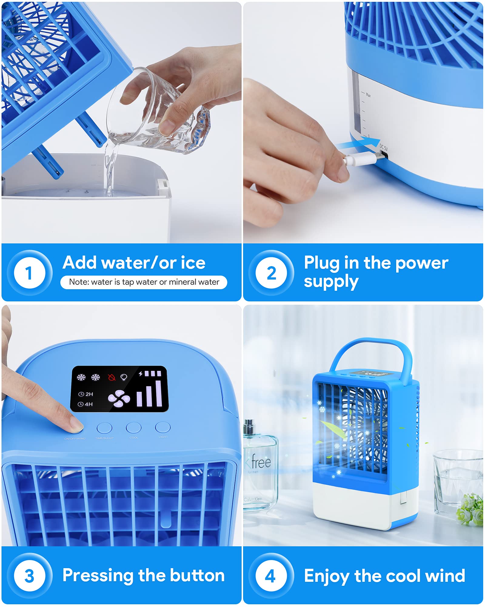 Portable Air Conditioner, Evaporative Air Cooler in 3 Speed Personal Mini Air Conditioner with LED Light, Evaporative Cooler for Home Bedroom Office Desk
