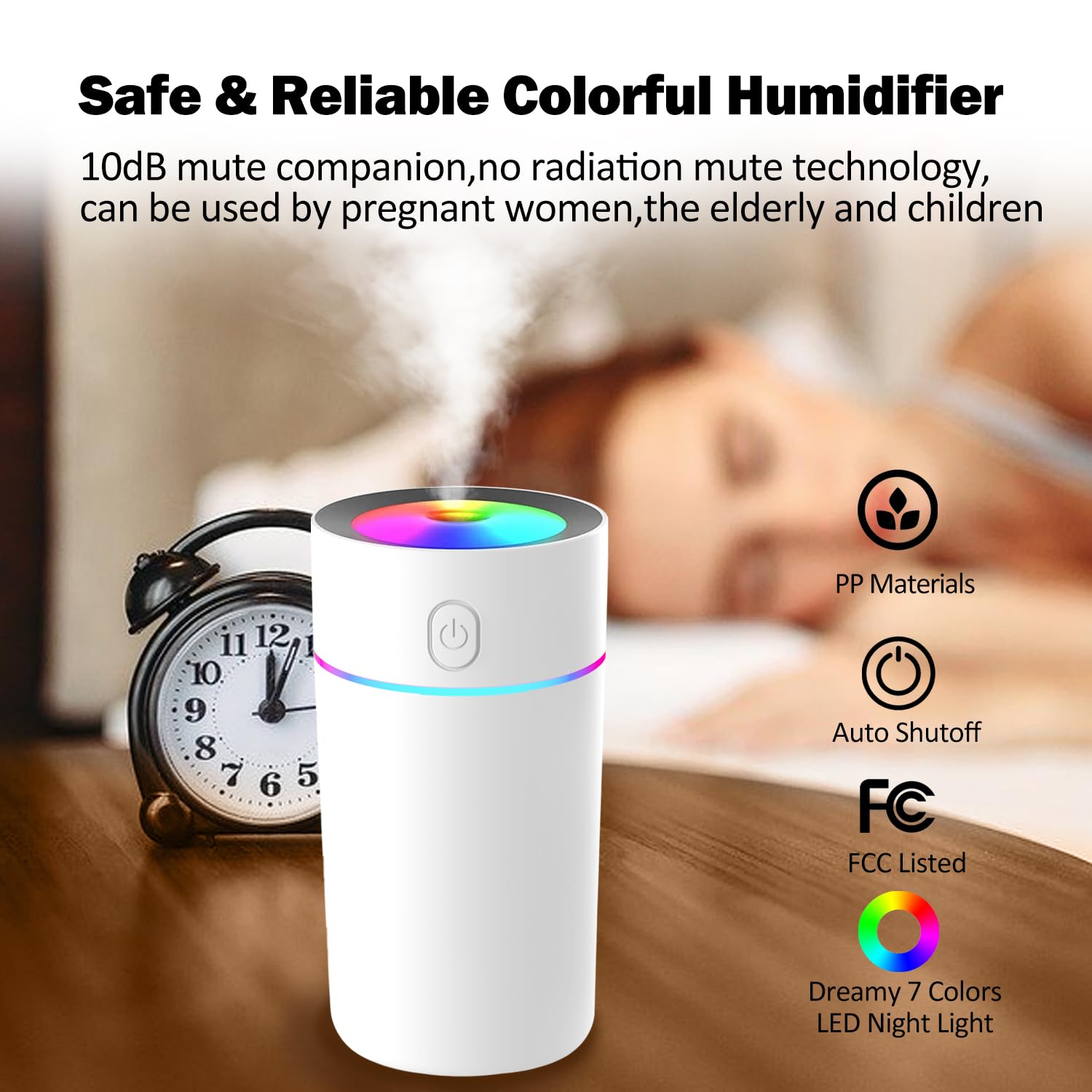 Portable Mini Humidifier with 7-color Lights, Cool Mist Small Desk Humidifiers Car Humidifier [2 Mist Modes] USB Personal Desktop Humidifiers for Bedroom, Office, Travel, Car, Plants, Super Quiet