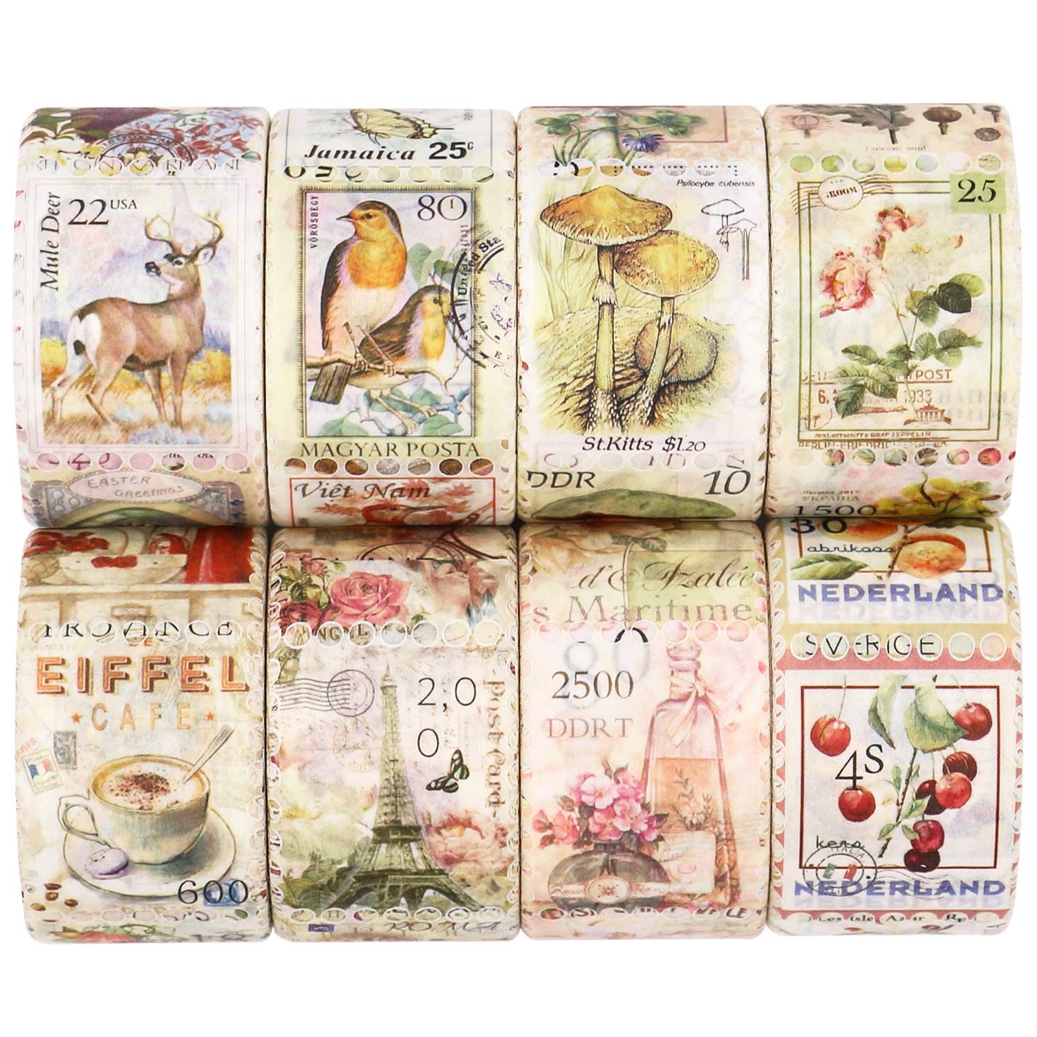 Knaid Postage Stamp Washi Tapes - 8 Pack of Decorative Stamp Stickers for Scrapbooking, Kid DIY Arts Crafts, Album, Bullet Journaling, Junk Journal, Planners, Calendars and Notebook