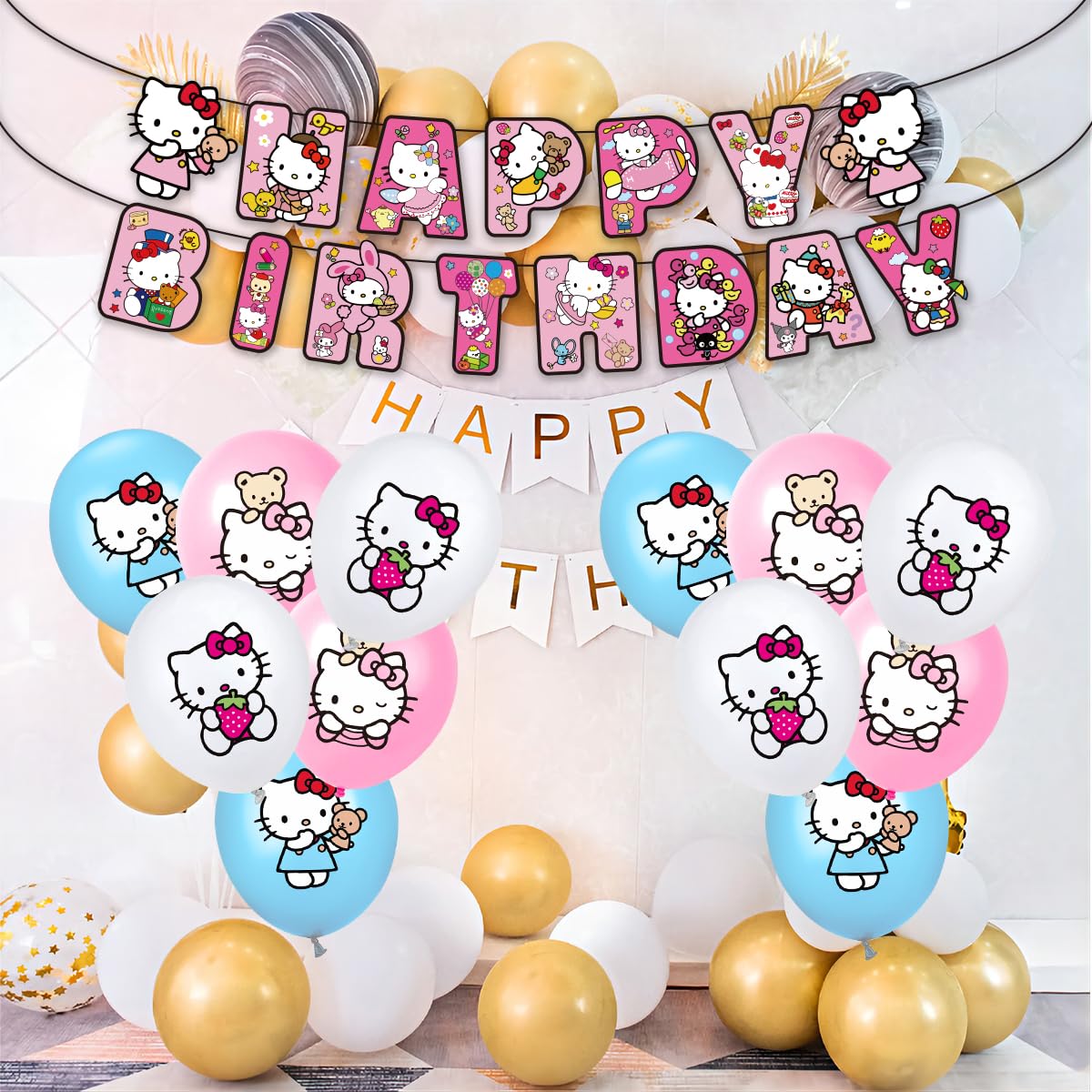 Kitty Birthday Decorations, Hello Kitty Birthday Party Supplies Include Banner, Ballons, Tablecloth, Cake Toppers, Cupcake Toppers, Plates for Kitty Themed Party
