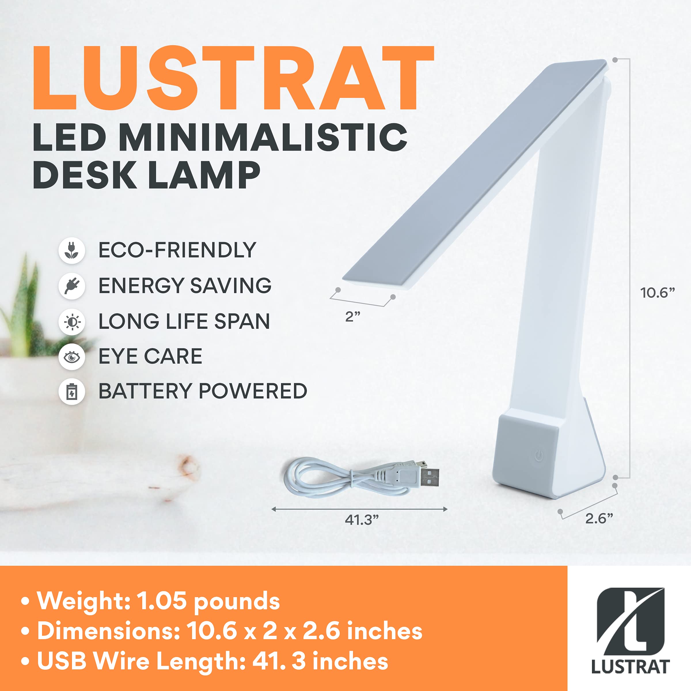 Lustrat LED Desk Lamp - Minimalistic Office Desk Lamp - Rechargeable Lamp with Bed, Study, and Work Desk Light Modes - Portable Table Desk Lamp for Back to School and Work from Home Set-up - Silver