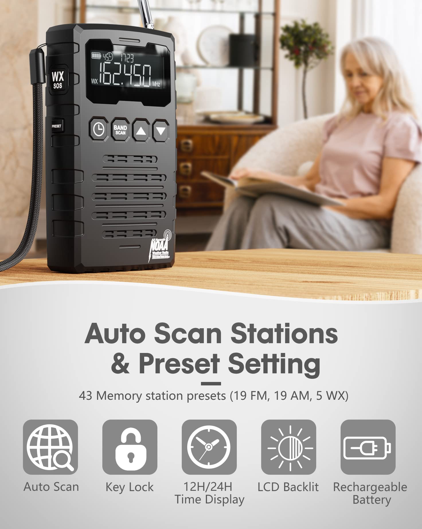 NOAA Weather Radio - Rechargeable NOAA/AM/FM Emergency Radio, Portable Pocket Radio, Longest Playtime, Best Reception, Digital Tuning, Auto Scan&Preset Function, Time Display, Mono Headphone Socket