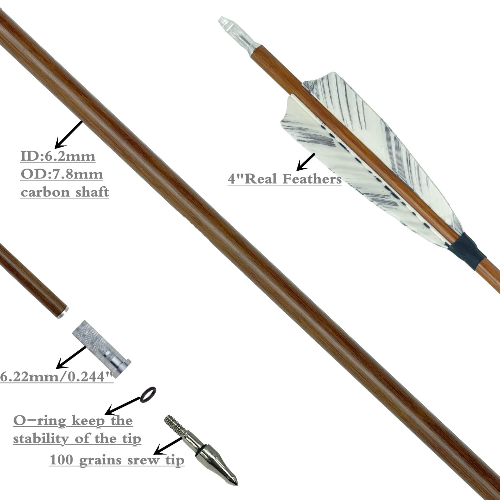 LPLKON 31" Carbon Arrows 12 Pack Hunting Target Practice Archery arrow with Camo Turkey Feathers for Compound Recurve Bow Longbow (white feather)