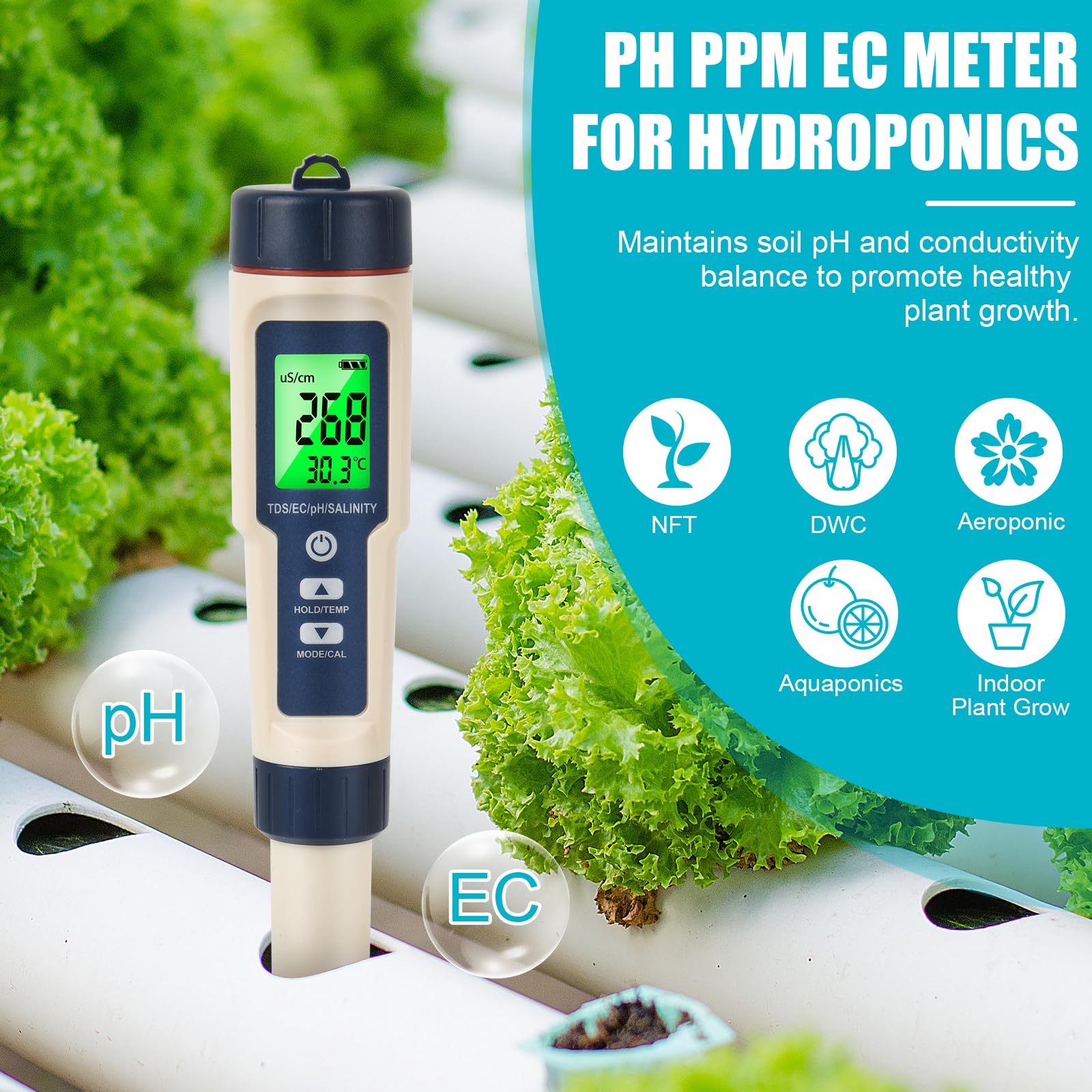 PH Meter & TDS Meter, 5 in 1 Salinity PH Temp EC and TDS Tester, 0.01 High Accuracy Digital Display, LCD Backlit, ATC, IP67, for Swimming Pool, Drinking Water, Hydroponics and Aquarium