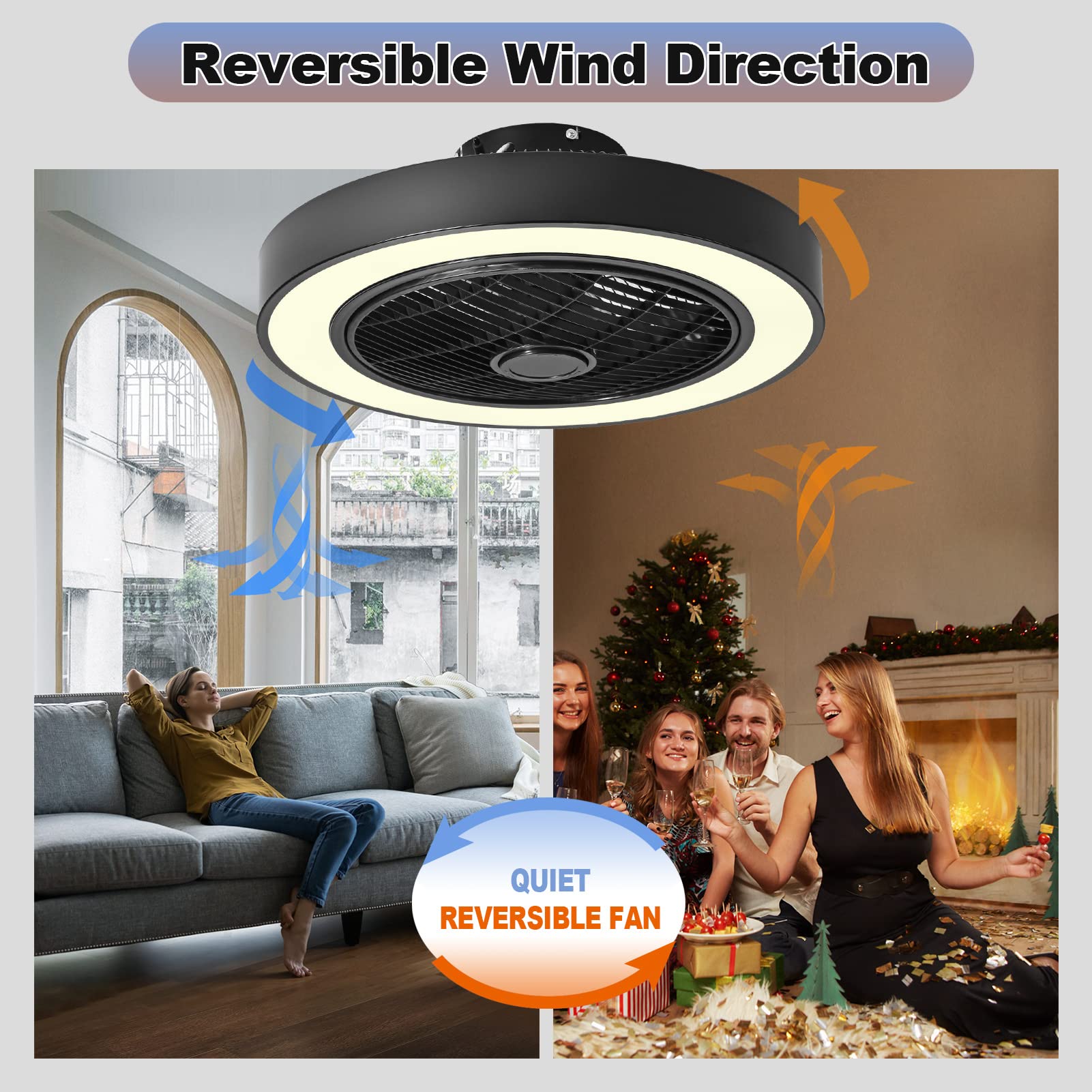Jinweite Ceiling Fan with Light, 19 inches LED Remote Control Fully Dimmable Lighting Modes Invisible Acrylic Blades Metal Shell Semi Flush Mount Low Profile Fan,Black