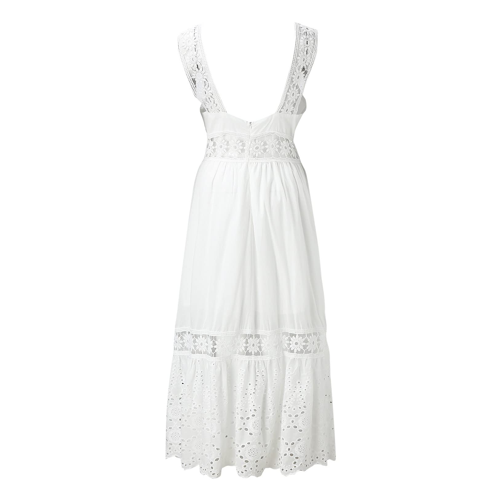 Keepfit Women Square Collar Long Dress Sleeveless Ruched Backless High Waisted Ruffle Dress Hollow Out Summer Maxi Dress White