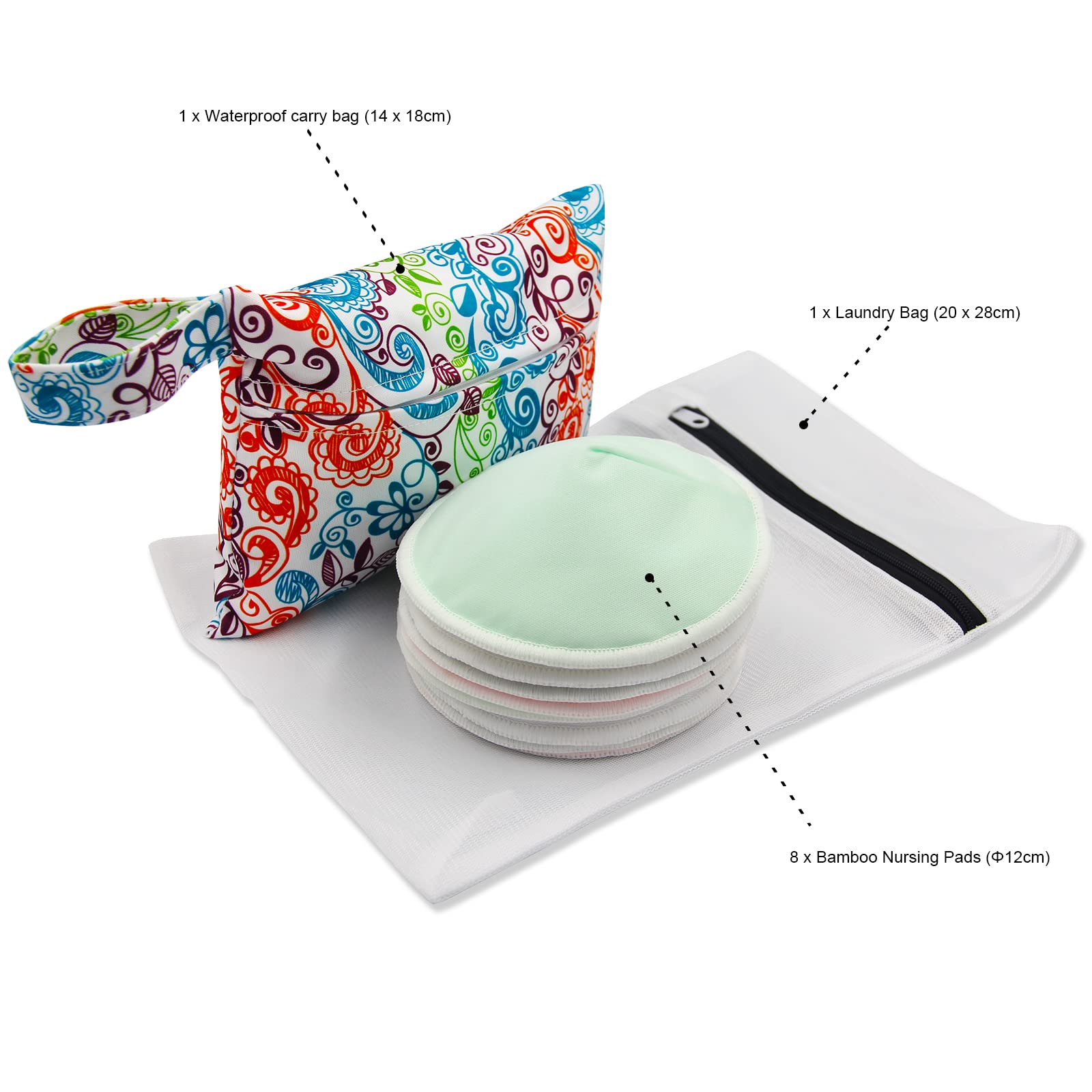 PINOWU Women’s Nursing Pads - 8 Washable Pads + Wet Bag + Wash Bag, Breastfeeding Nipple Pads for Maternity - Reusable Nipplecovers for Breast Feeding (Pastel Touch, Large 4.7")