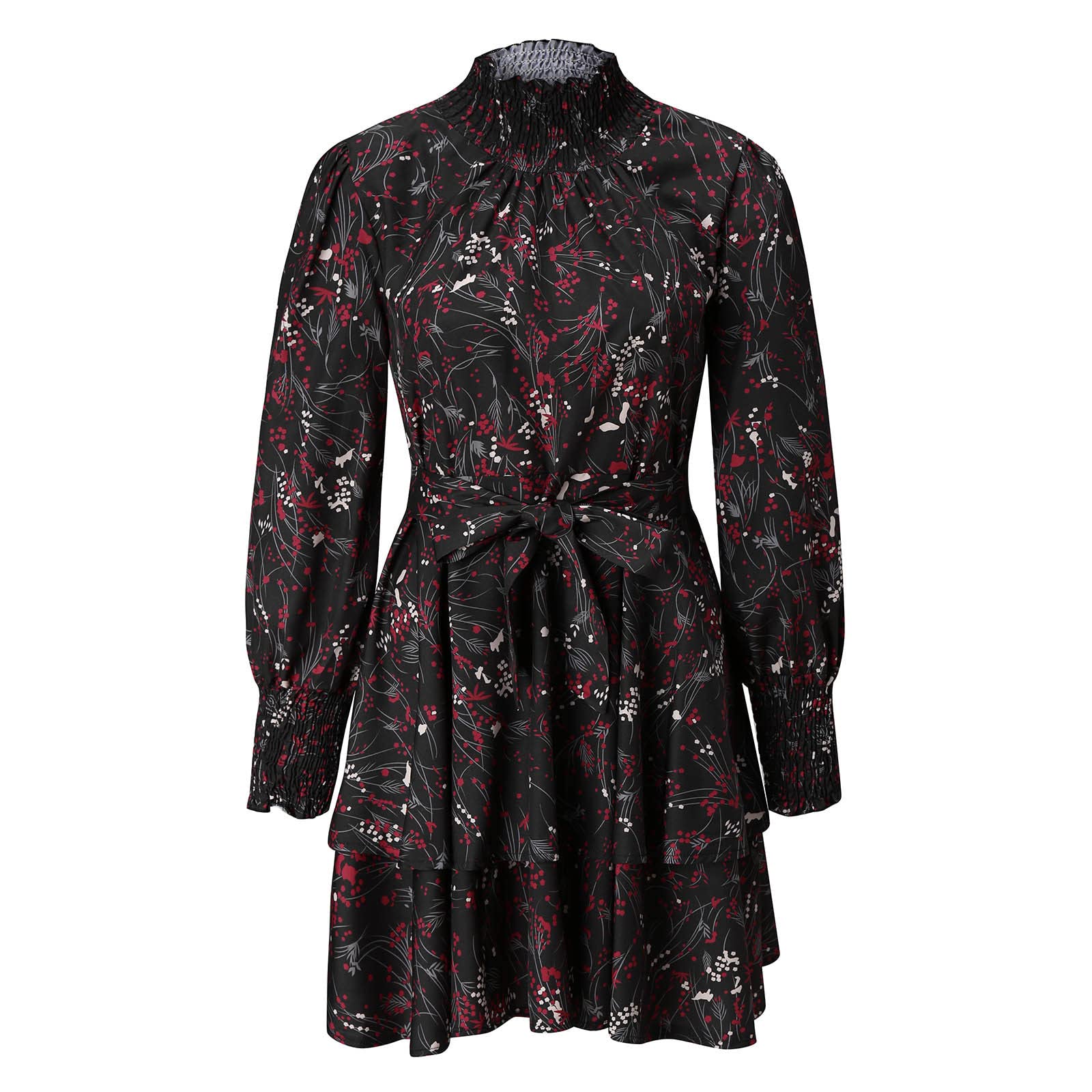 Keepfit Women Elastic High Neck Mini Dress Puff Long Sleeve Floral Printed Layered Hem Dress with Belt Black