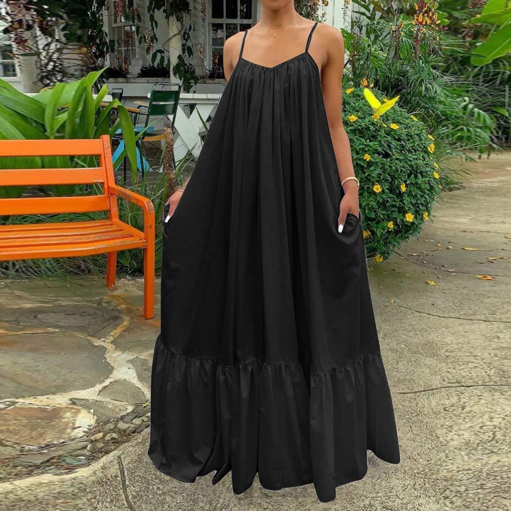 Keepfit Women Trendy Maxi Dress Spaghetti Straps Sling Dress Ruched Ruffle Backless Solid Swing Dress Black