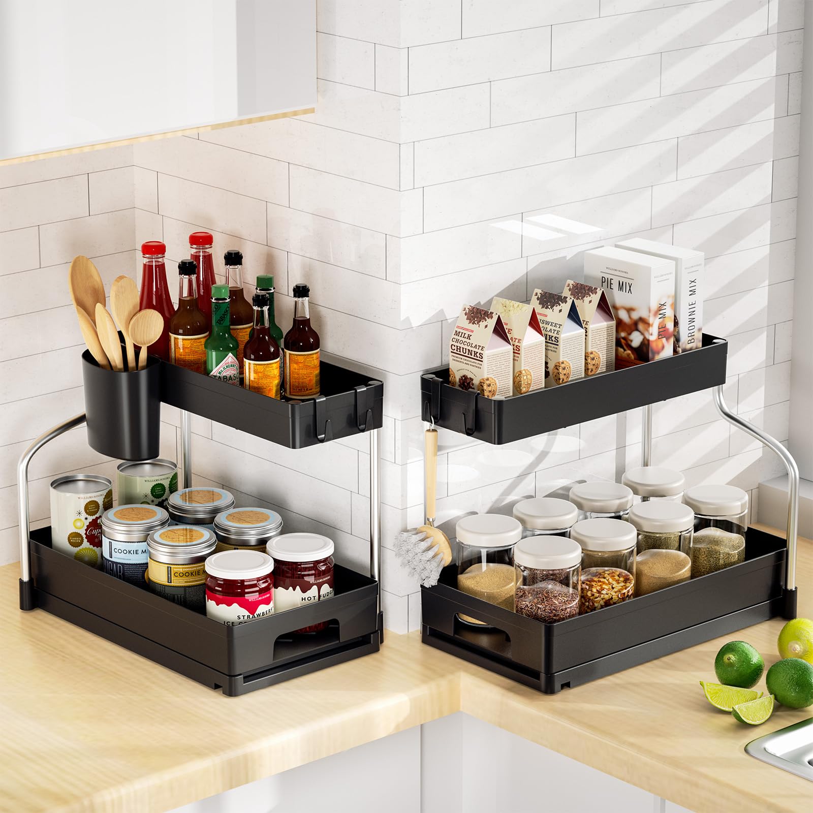 KOOTETA 3 Pack Under Sink Organizer, 2 Tier L-shaped Sliding Under Bathroom Cabinet Organizer, Multi-Purpose Pull Out Under Sink Organizers and Storage for Kitchen