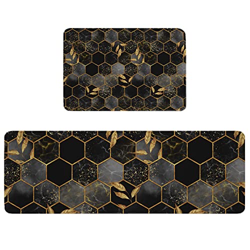 Marble 2 PCS Cushioned Antifatigue Kitchen Mats and Rugs,Black Gold Grey Grid Irregular Comb Plaid Geometric Floor Bath Door Mat Doormat Accent Runner Carpet Washable Comfort Standing Mat 18,48