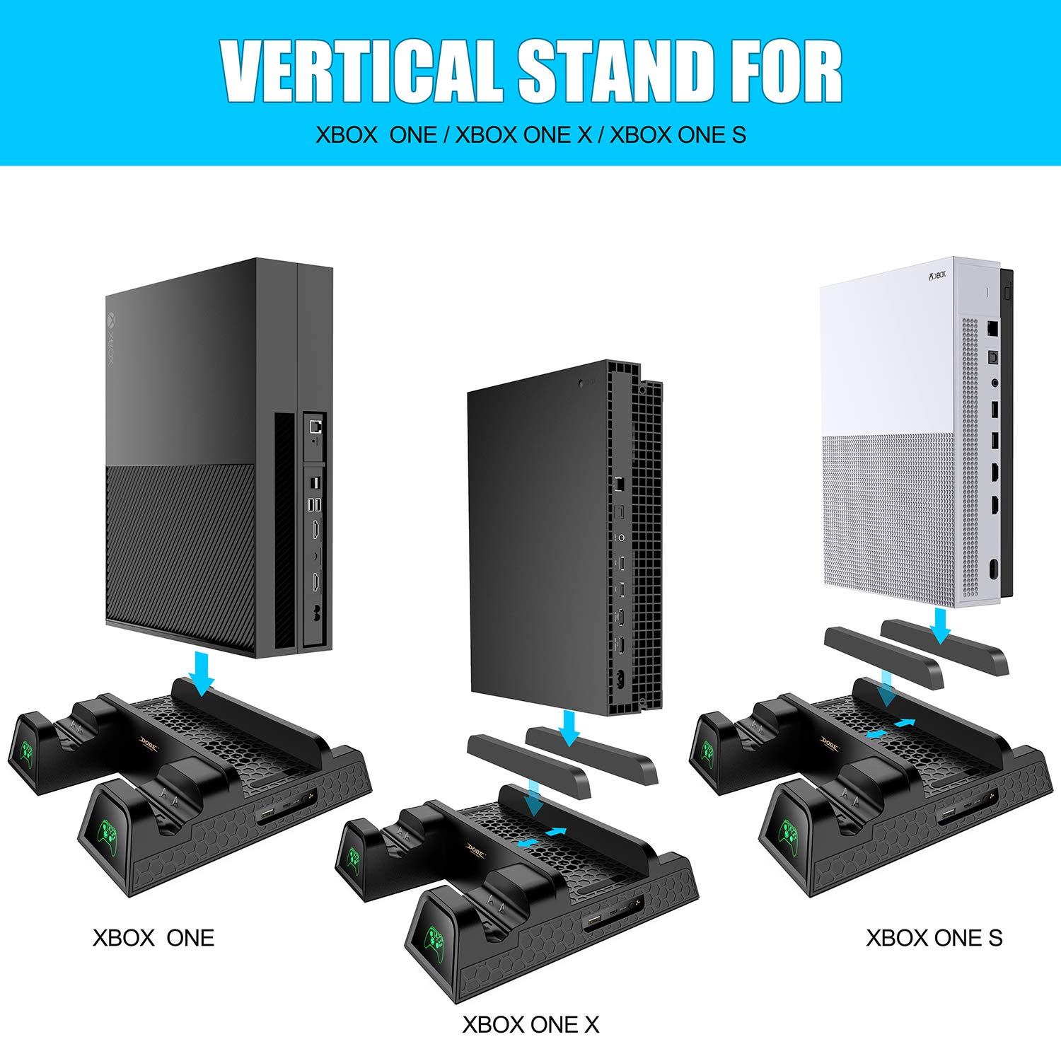KINGTOP Cooling Stand Compatible with Xbox One/One S/One X, Vertical Cooling Fan with 2 Pack 600mAh Batteries, Games Storage, Dual Controller Charging Station for Xbox One/One S/One X (Black)