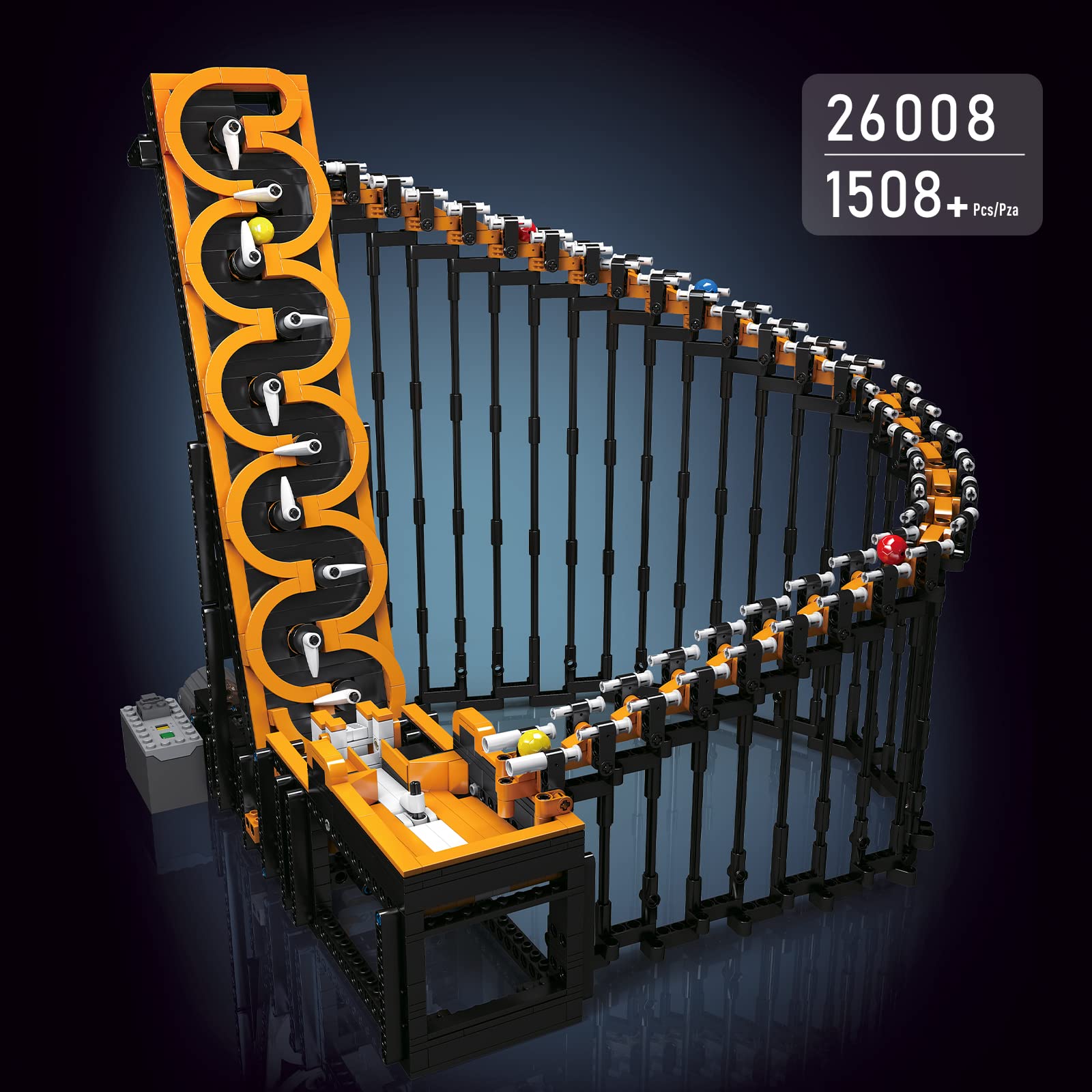 Mould King 26008 Harp Track Marble Run Building Blocks, Educational Power Lifting Steps, Roller Coaster Building Set, 1508 Pieces STEM Clamping Bricks Toy for Kid