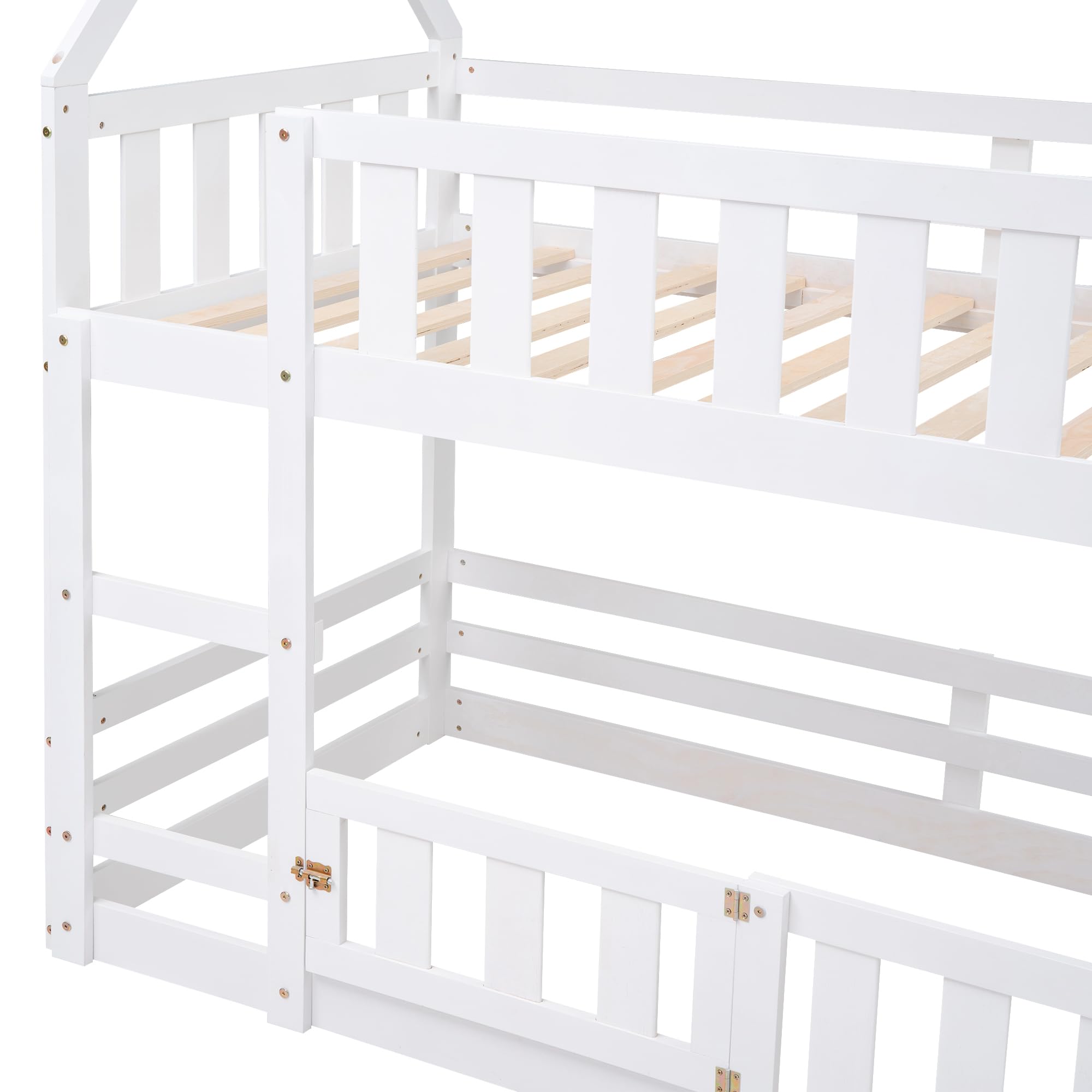 RuiSiSi Twin Size Floor Low Bunk Bed with Fence and Door, Wood Bunk Bed Frame with Guardrails and Ladder, House Shaped Bunk Bed for Kids, White