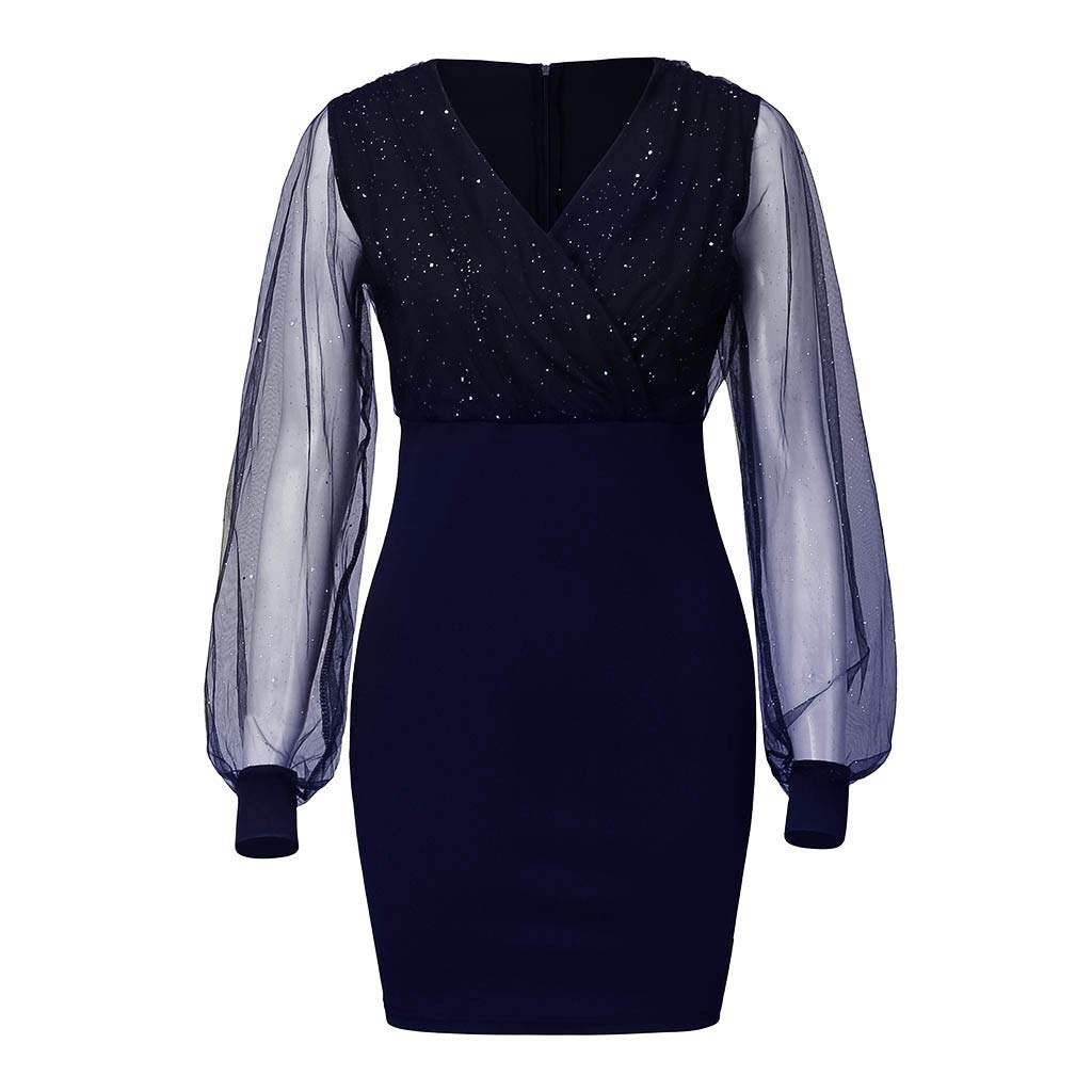 Keepfit Women Wrap Dress V Neck Sequins Bling Long Sleeve Retro Elegant Sequins Bling Long Sleeve Party Mini Dress
