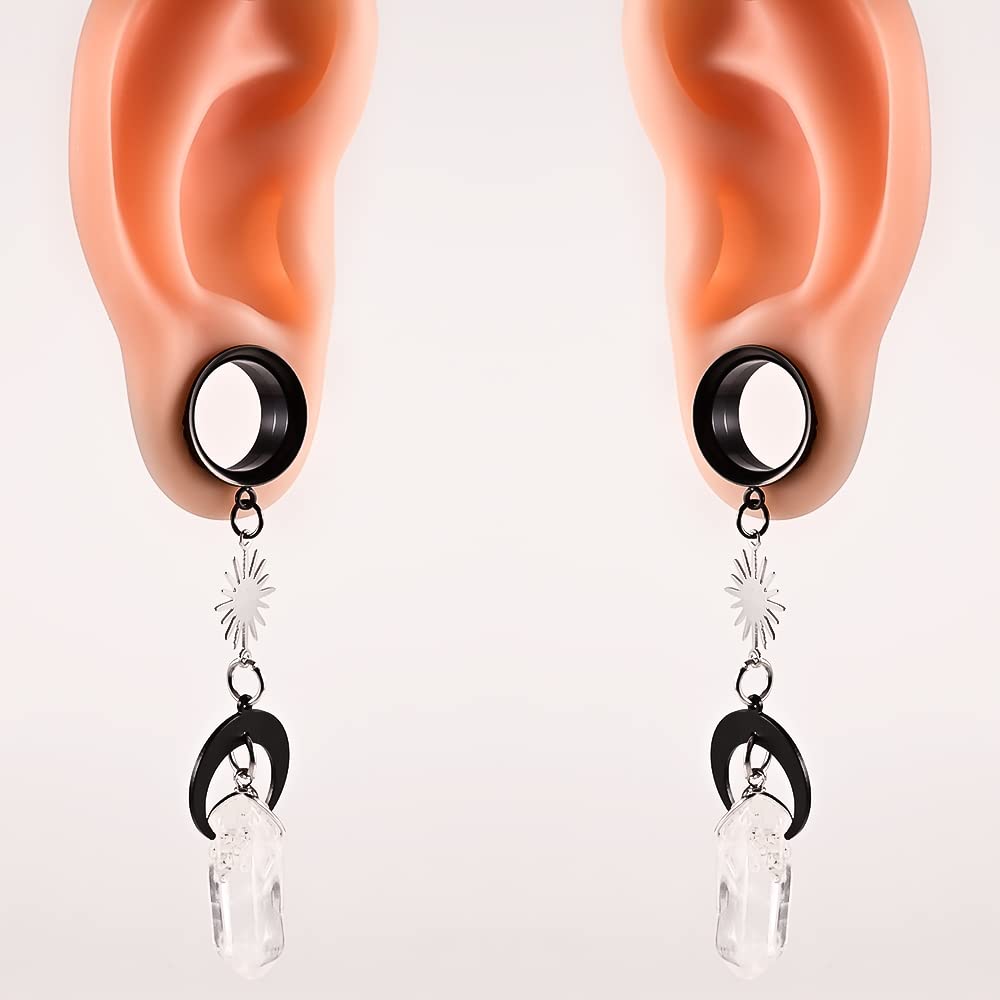 Maxbott 2PCS Moon-Pendant Natural Stone Stainless Steel Dangle Ear Plugs Tunnels Stretcher Piercing Body Jewelry (10mm(00G), Black)