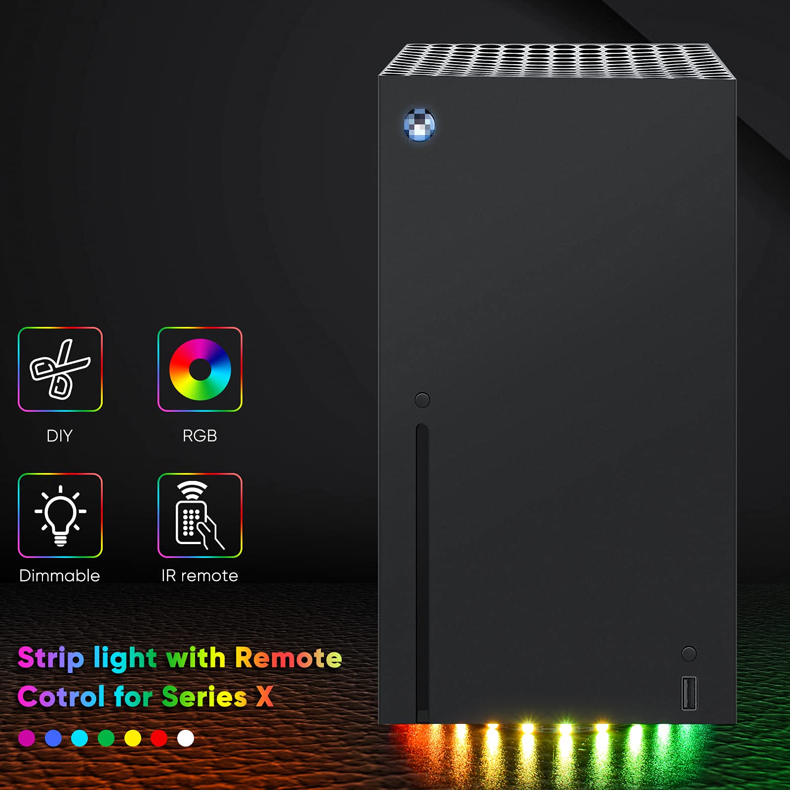 LED Tape Light for Xbox Series X Console, 5050 RGB LED Strip Light for XSX, 7 Colors 358 DIY Modes Color Changing Dimmable with IR Remote and USB Power Supply