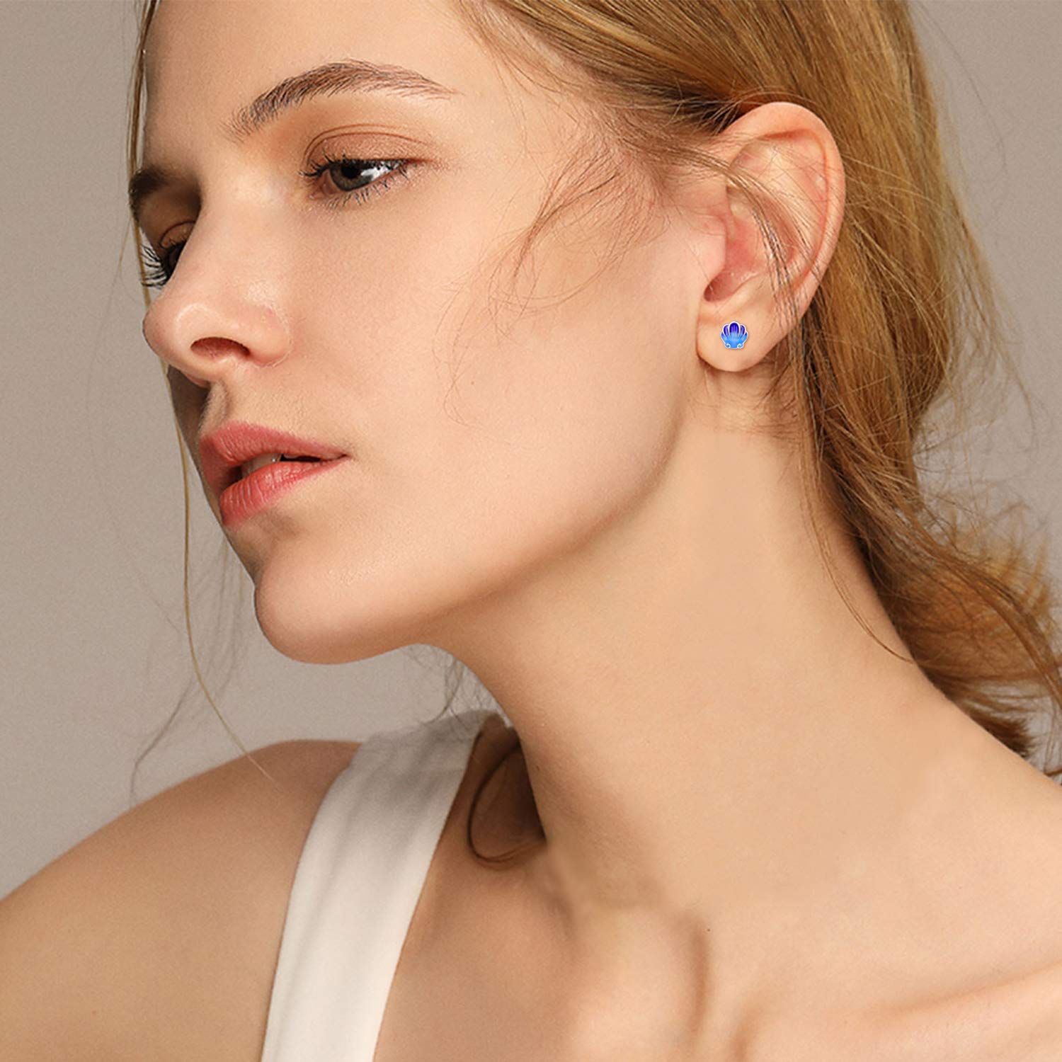 KINGWHYTE Sea Shell Stud Earrings S925 Sterling Silver Gradient Mini Beach Animal Seashell Scallop Jewelry for Women