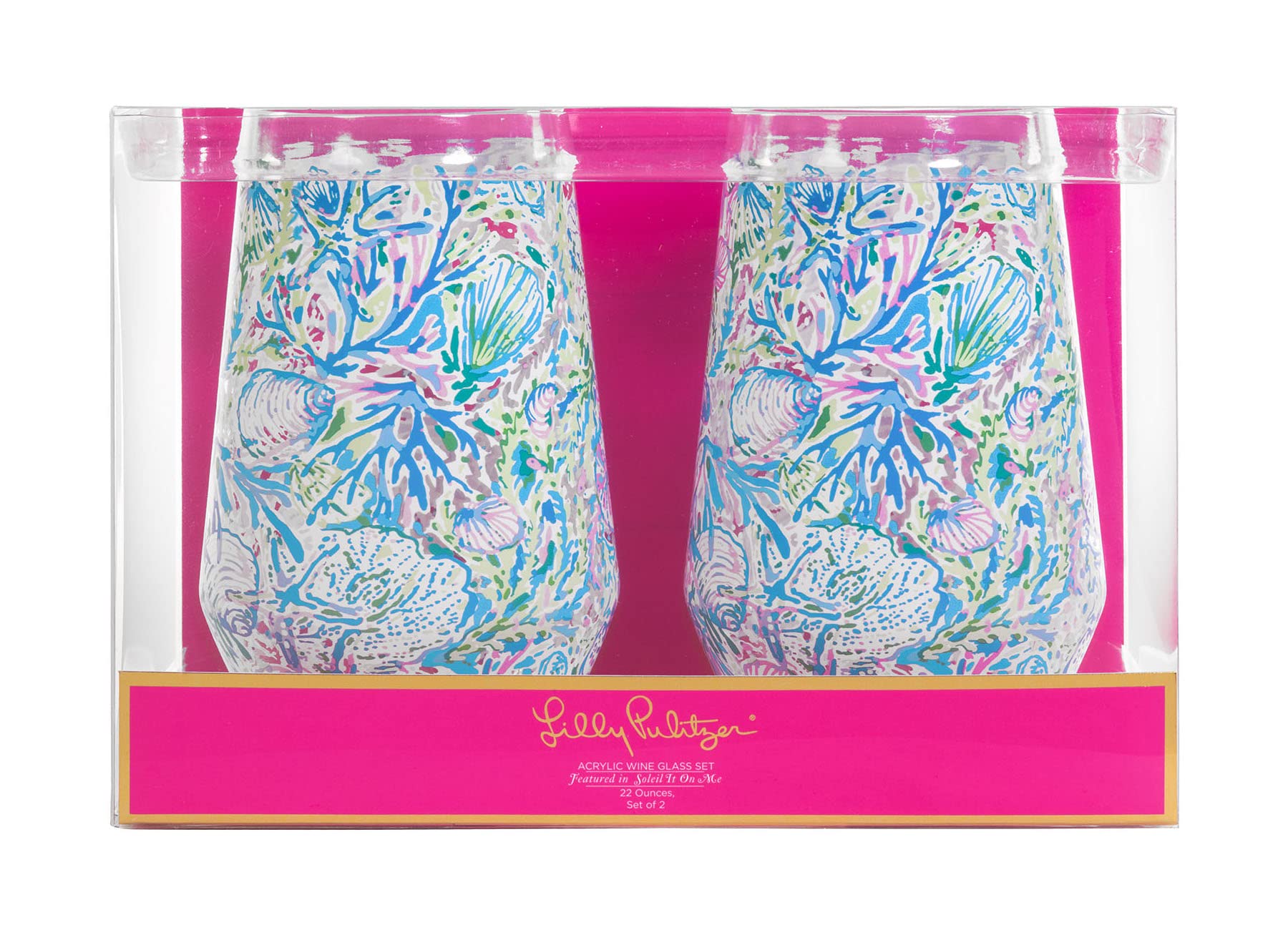 Lilly Pulitzer Stemless Wine Glass Set of 2, Large Acrylic Wine Glasses, 22 Ounce Plastic Cocktail Cups for Indoor/Outdoor, Soleil It On Me