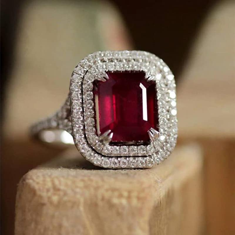 LRESJJIUJ Silver Plating Forge Cubic Zirconia Emerald Cut Ruby Women's Ring Size 6-10 Engagement Ring Anniversary or Lady Bride Jewelry Exquisite Ring Square Princess Ring