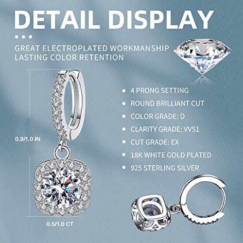 Moissanite earrings,1.0ct D Color VVS1 Clarity Brilliant Round Cut Moissanite Drop Earrings, 925 Sterling Silver diamond Drop Dangle Earrings