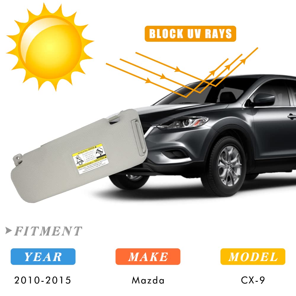 Left Driver Side Sun Visor Replacement for Mazda CX-9 2010 2011 2012 2013 2014 2015 Replaces # TDY1-69-320 (Grey)