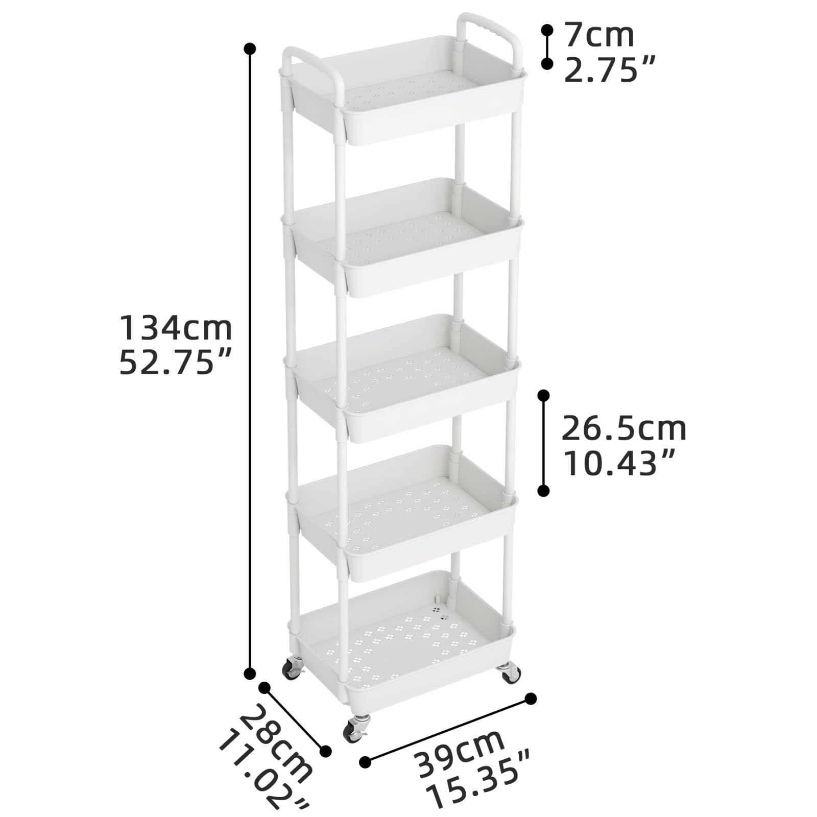 JIUYOTREE 5-Tier Rolling Storage Cart Utility Cart with Lockable Wheels for Living Room Bathroom Kitchen Office White