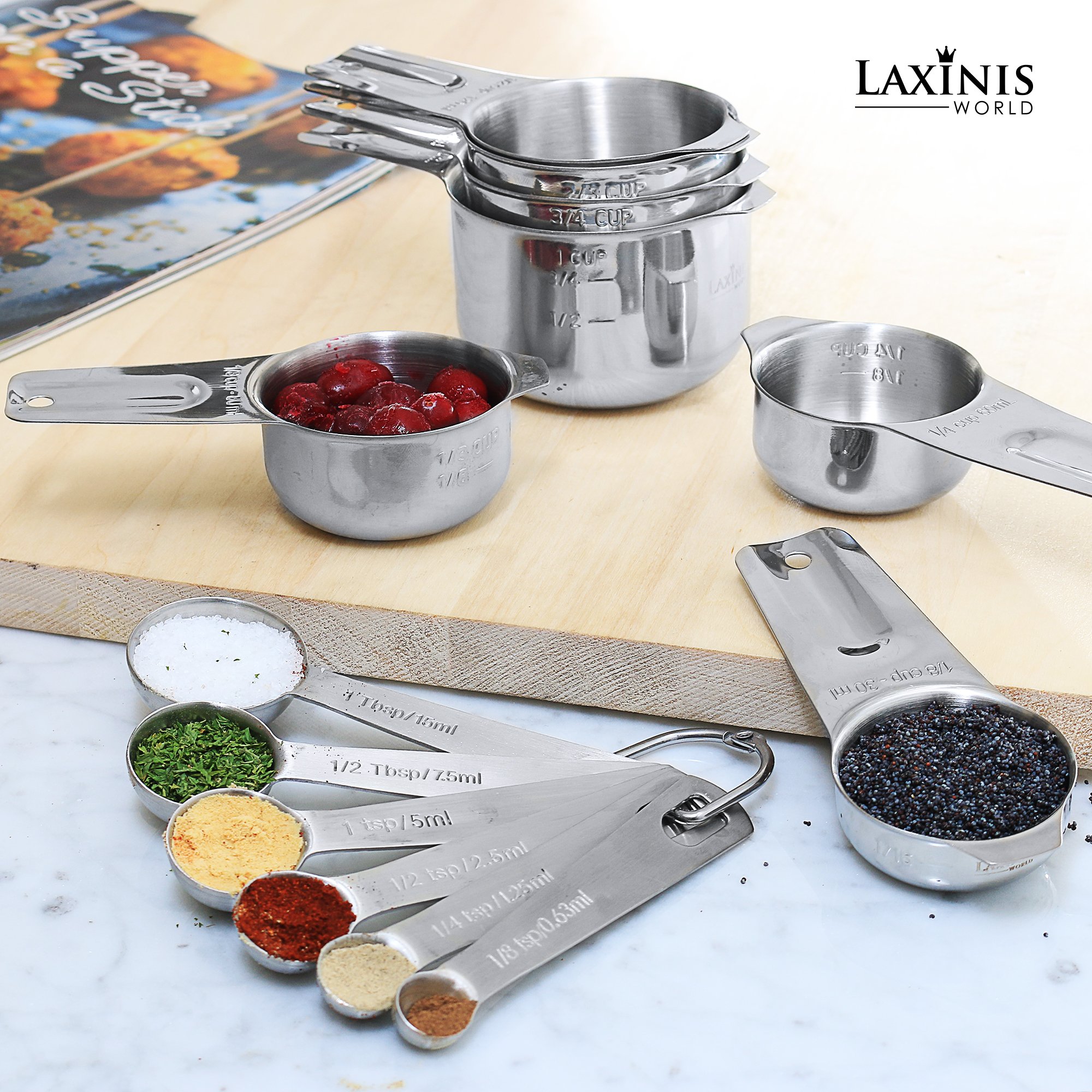 Measuring Cups and Spoons Set - Premium 13-Piece Stainless Steel, 7 Cups & 6 Spoons, Stackable, Ideal for Accurate Liquid and Dry Ingredient Measurement. By Laxinis World