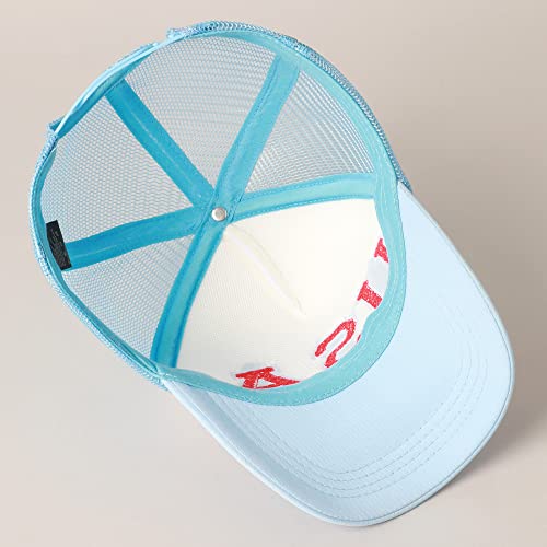 MIRMARU Retro Foam Mesh Trucker hat Trendy Design Summer Baseball Cap for Womens (US, Alpha, One Size, USA Chenille Glitter - Light Blue)