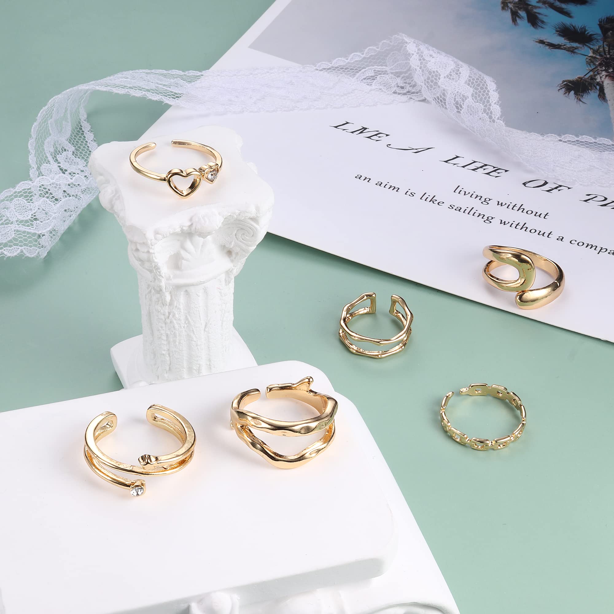 ORAZIO 12PCS Adjustable Rings for Women Gold Plated Chunky Rings Snake Croissant Stackable Adjustable Open Rings Statement Band Rings Jewelry Set