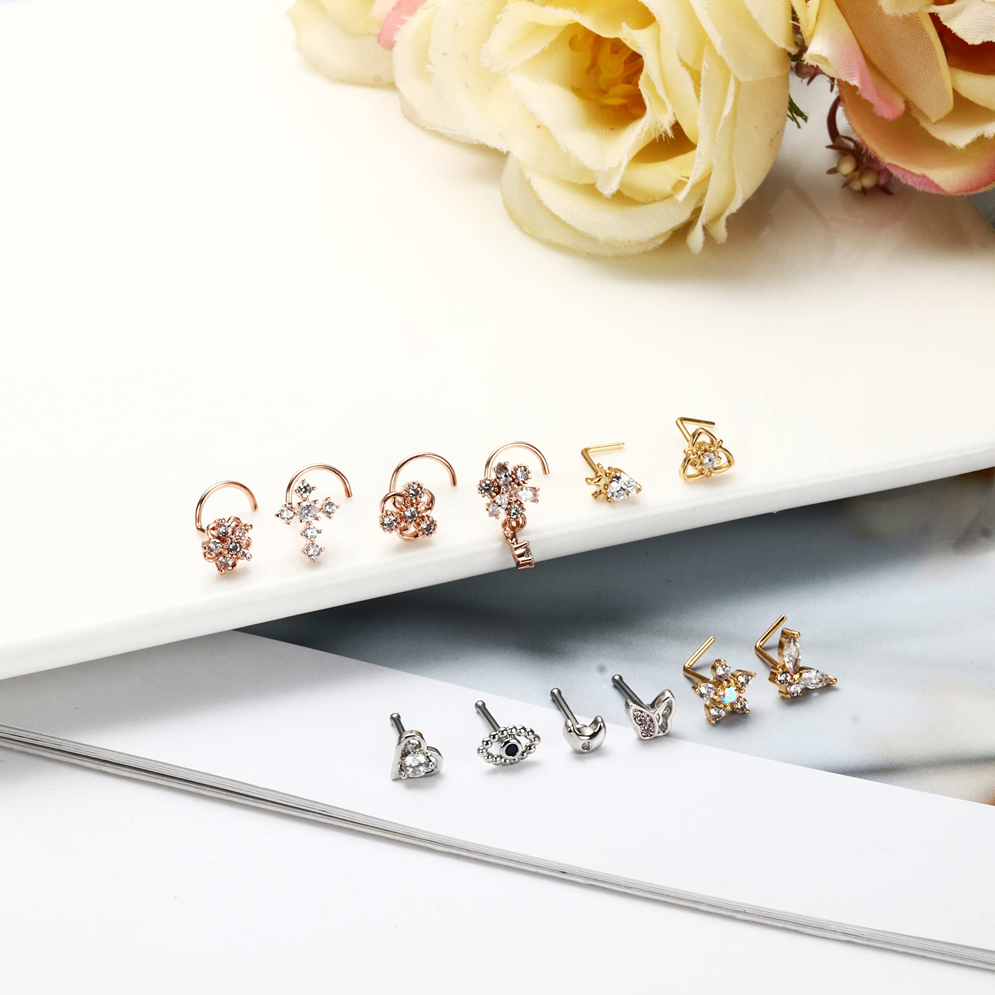 Magitaco 12Pcs 20G Nose Ring Stud L Shape Screw Nose Studs Butterfly Heart Cross Eyil Eye Moon Nose Rings Nose Bone Piercing Nose Stud for Women Men
